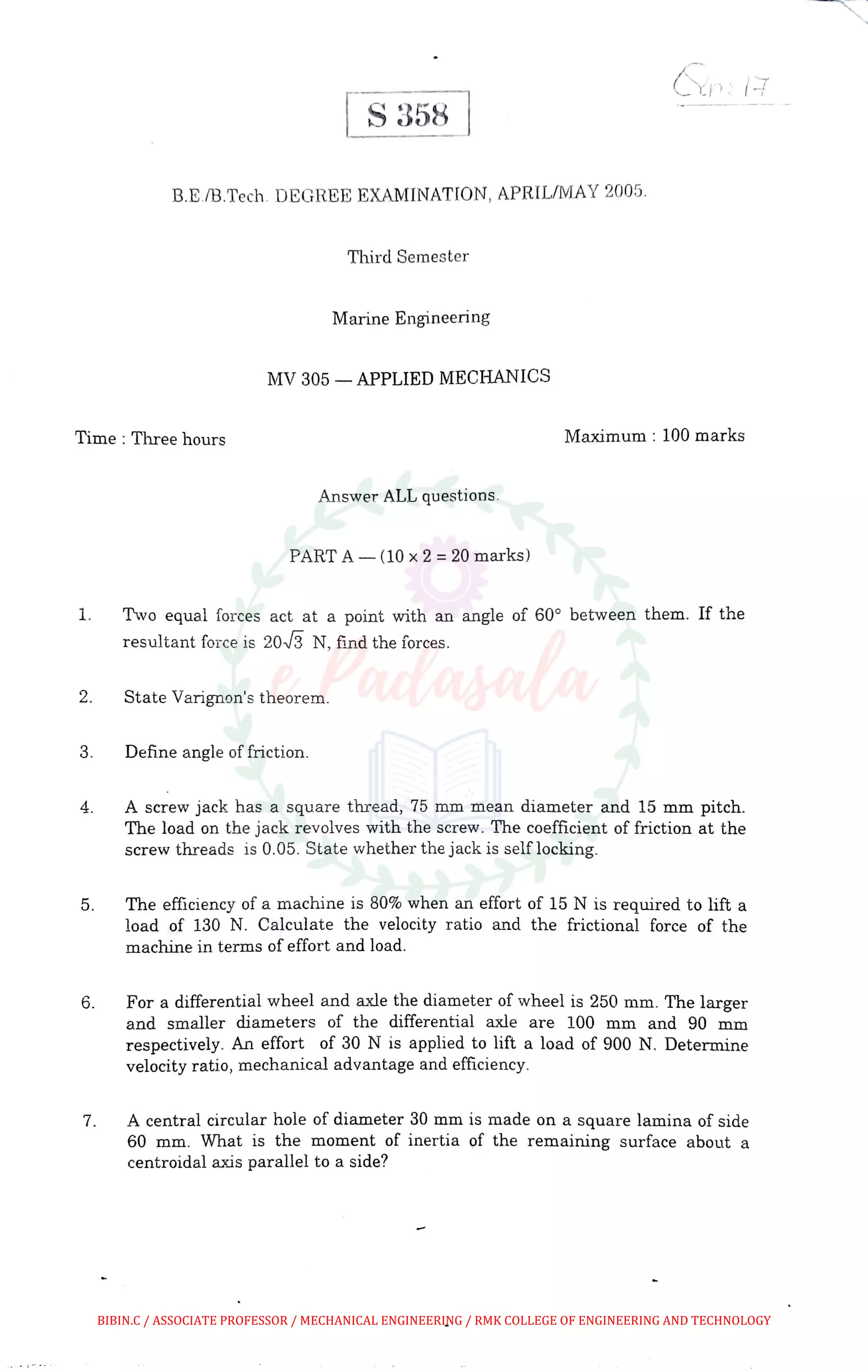 Mv 305 engineering mechanics anna university april may 2005 - solved university question paper | PDF