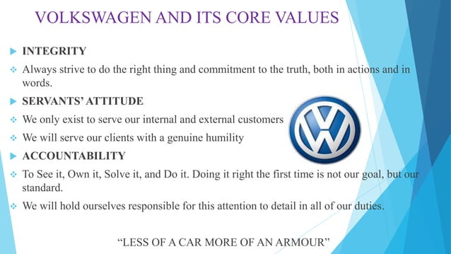 Volkswagen and its core values | PPTX | Business Administration | Business