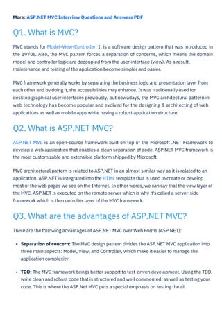 MVC Interview Questions PDF By ScholarHat | PDF