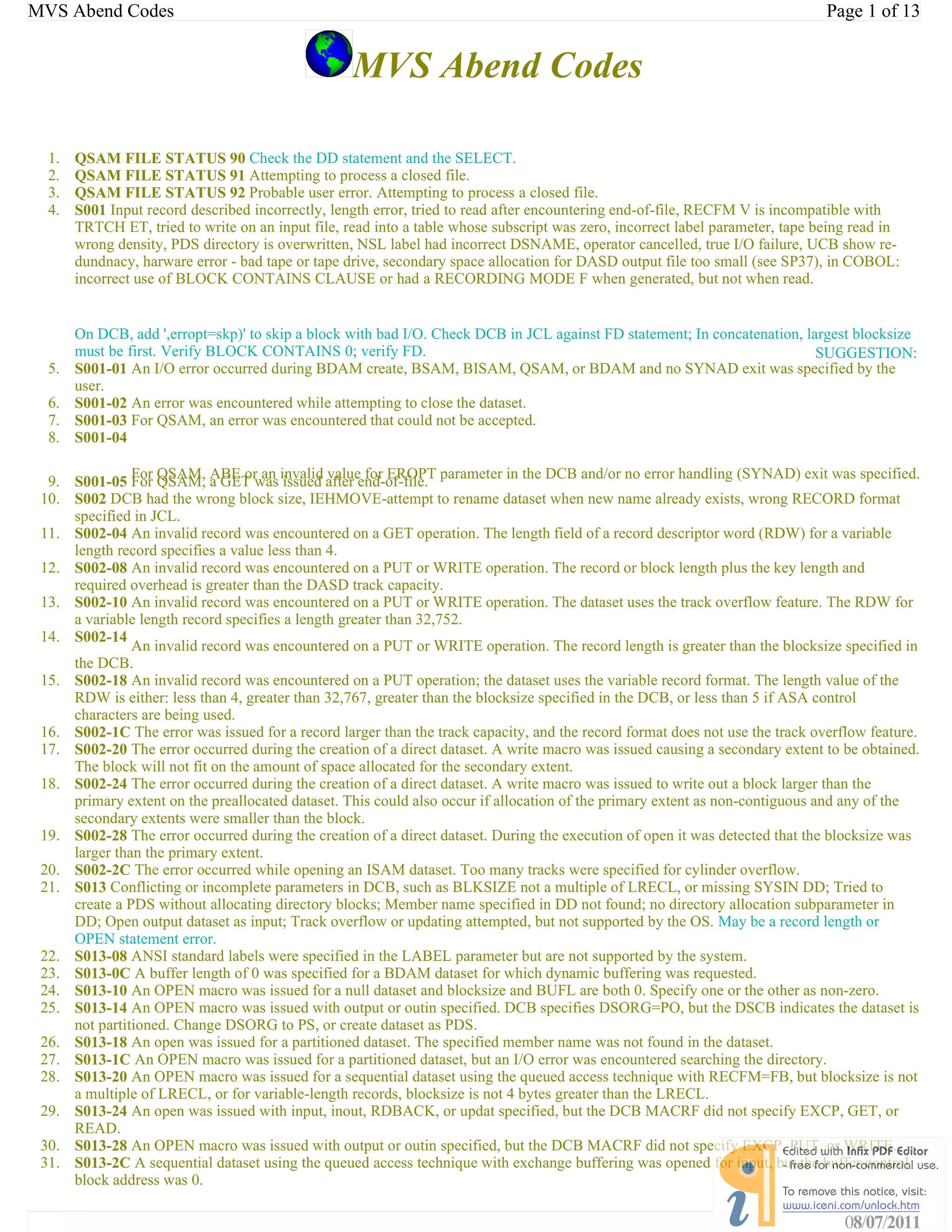 MVS ABEND CODES | PDF