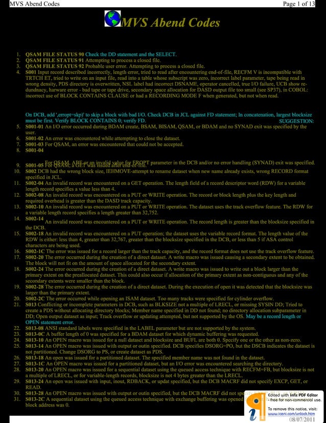 MVS ABEND CODES | PDF