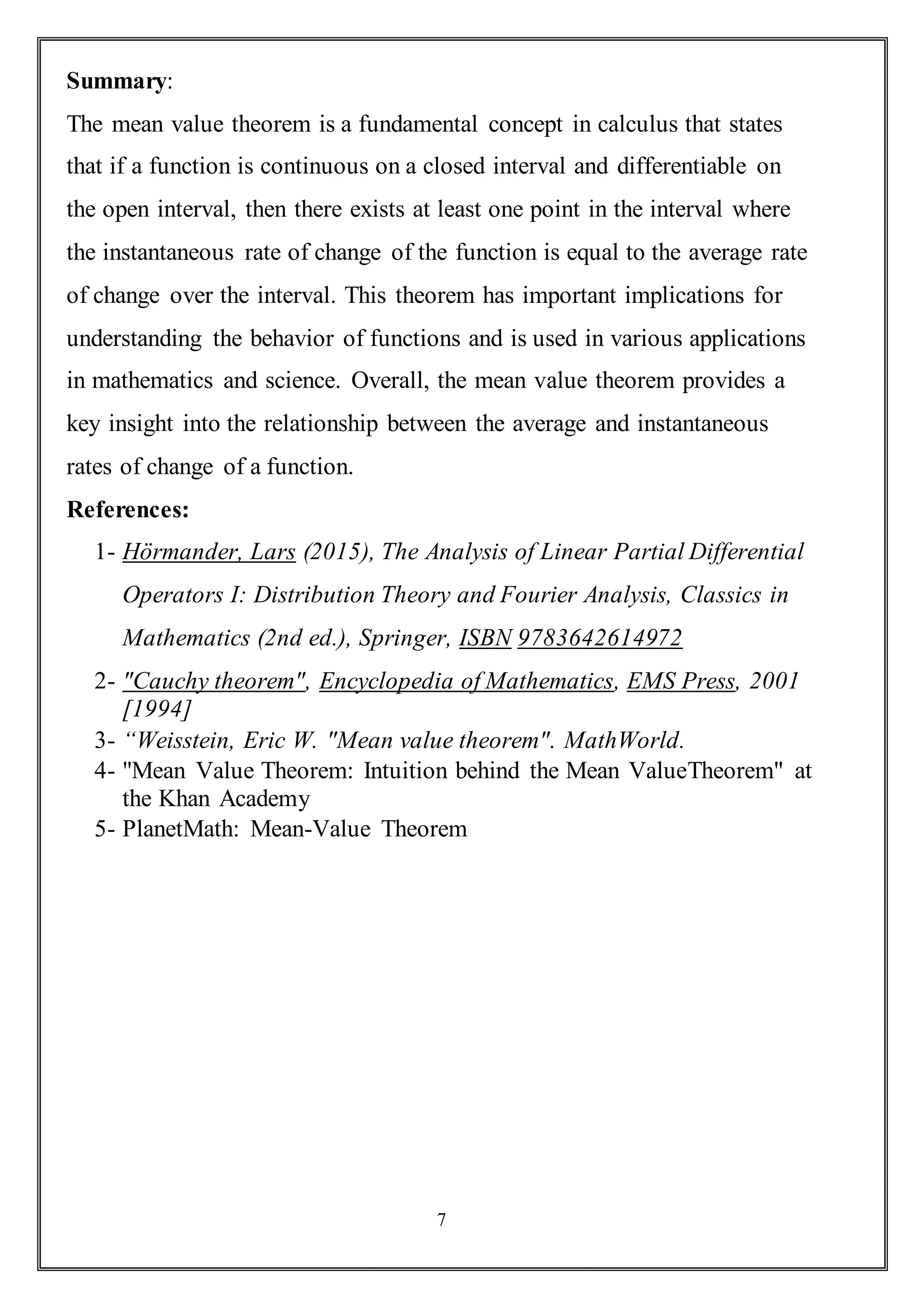 MVT mean value theorem نظرية القيمة المتوسطة | PDF