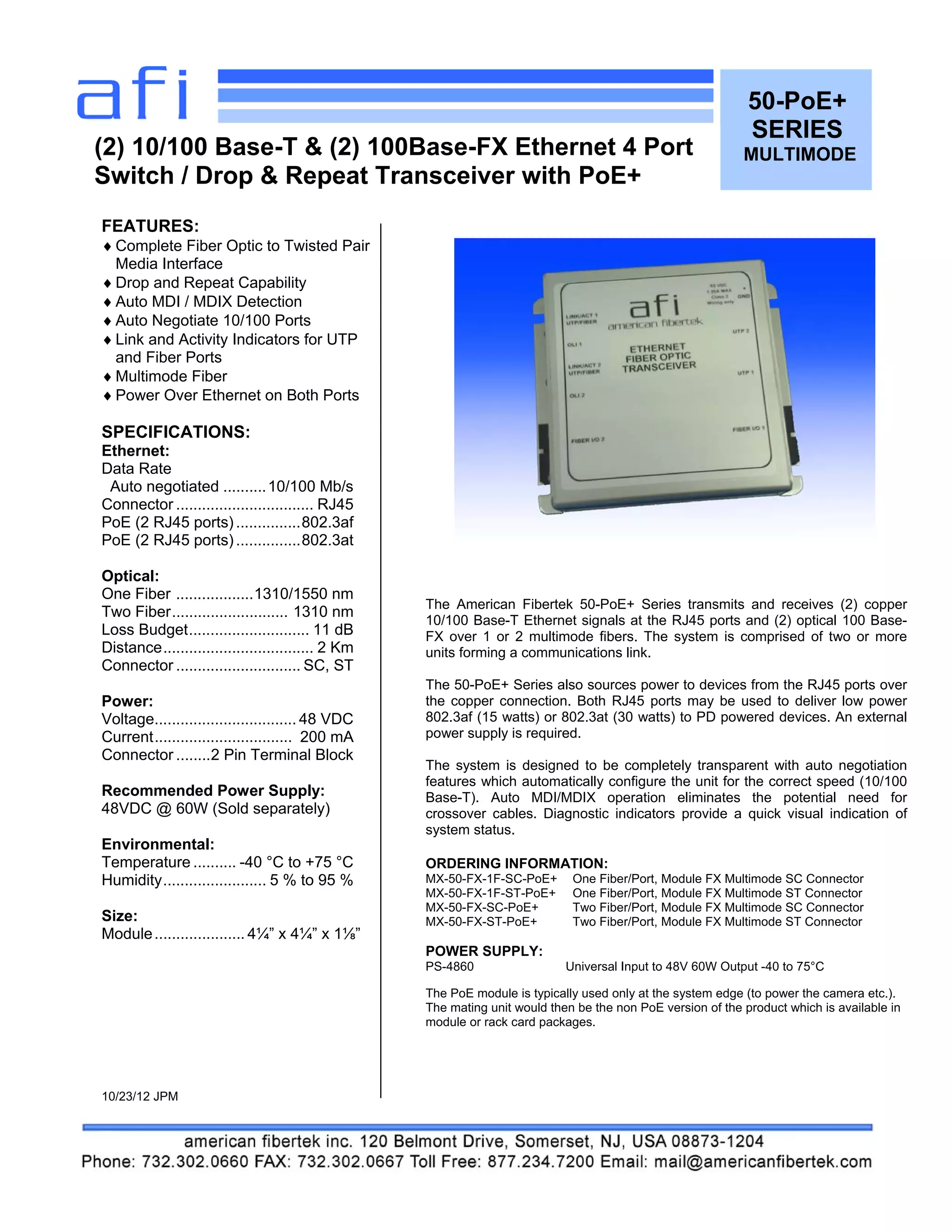 American Fibertek MX50FXSTPOEPLUS Data Sheet | PDF