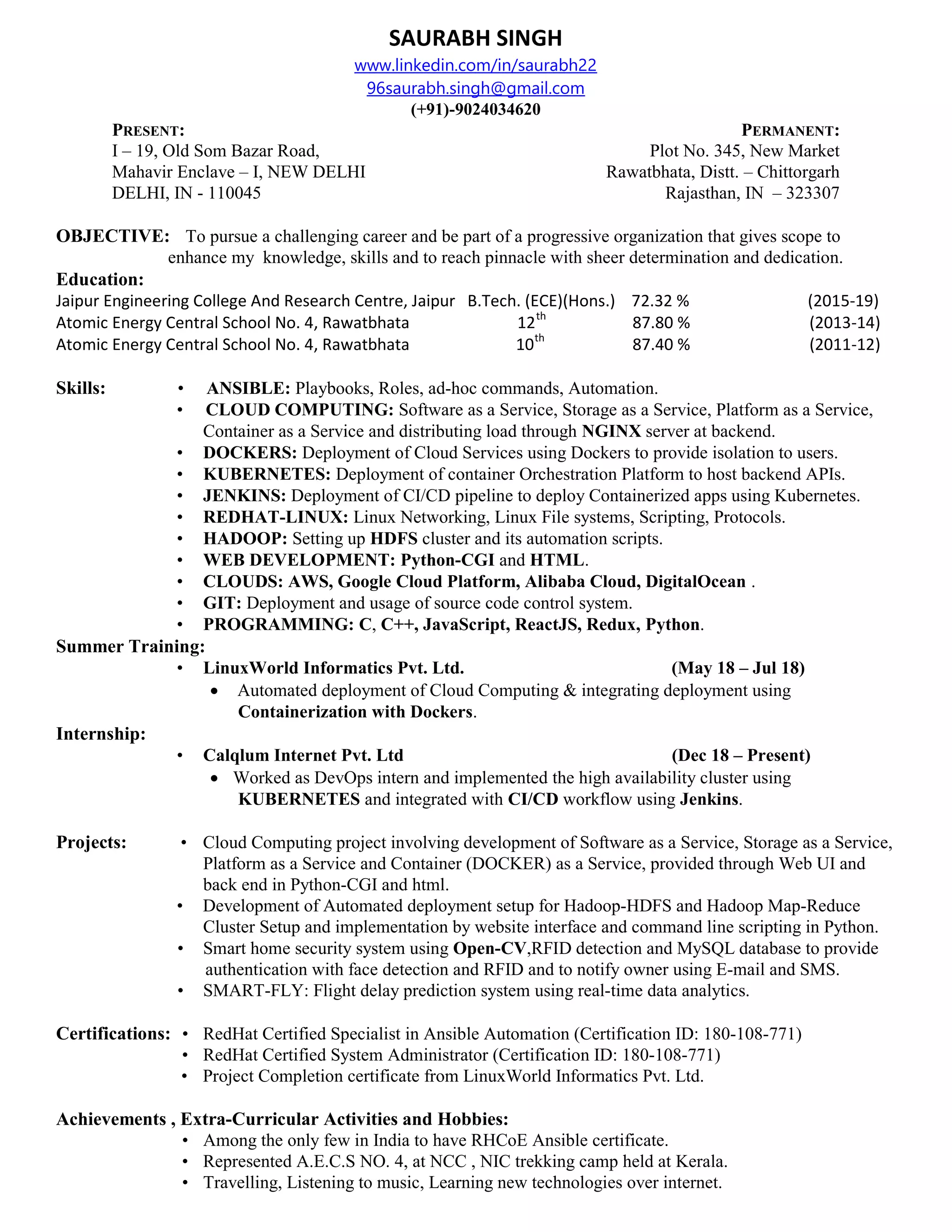 Resume of Saurabh Singh | PDF