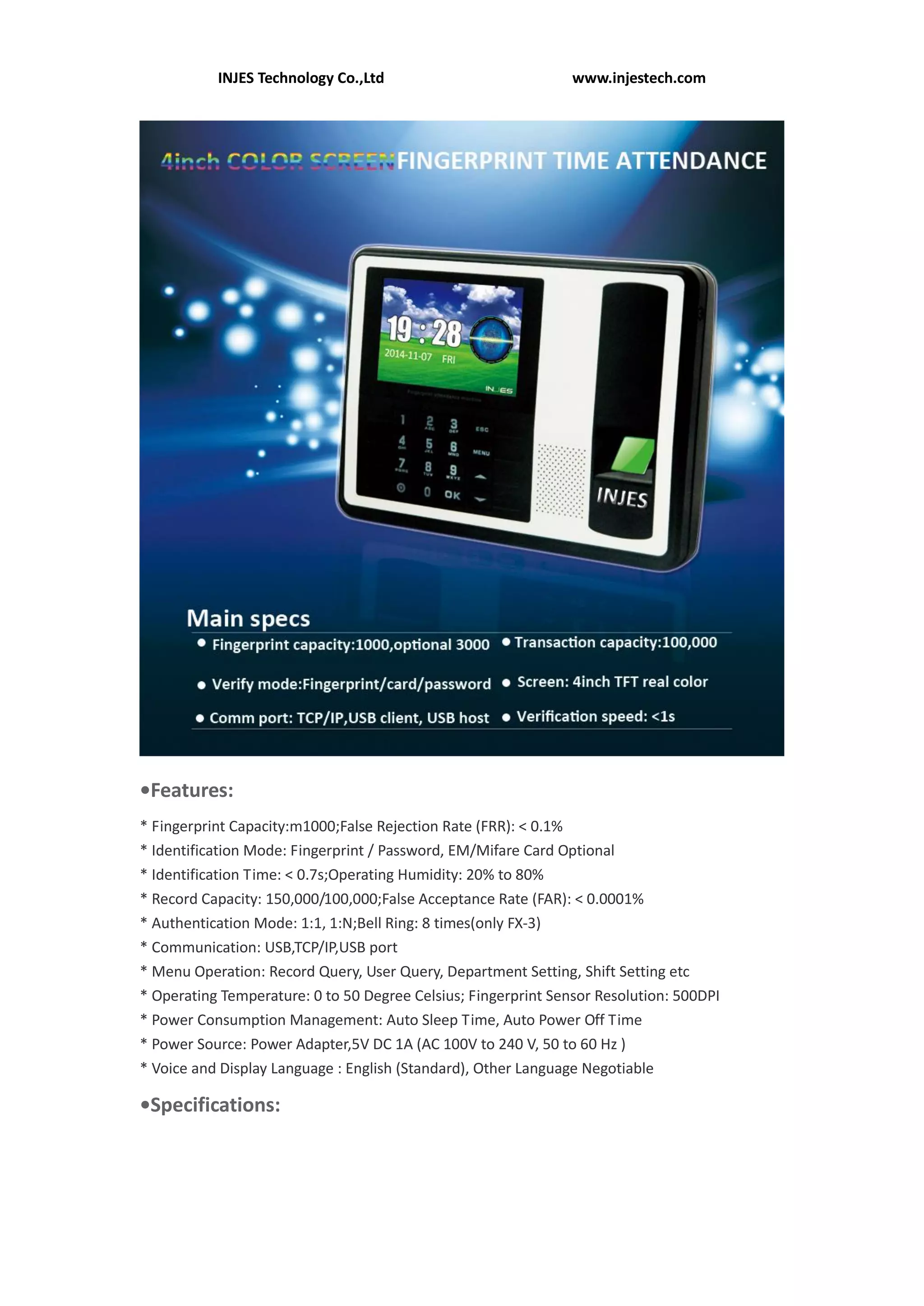 4.0inch TFT color screen TCP IP fingerprint time attendance device | PDF