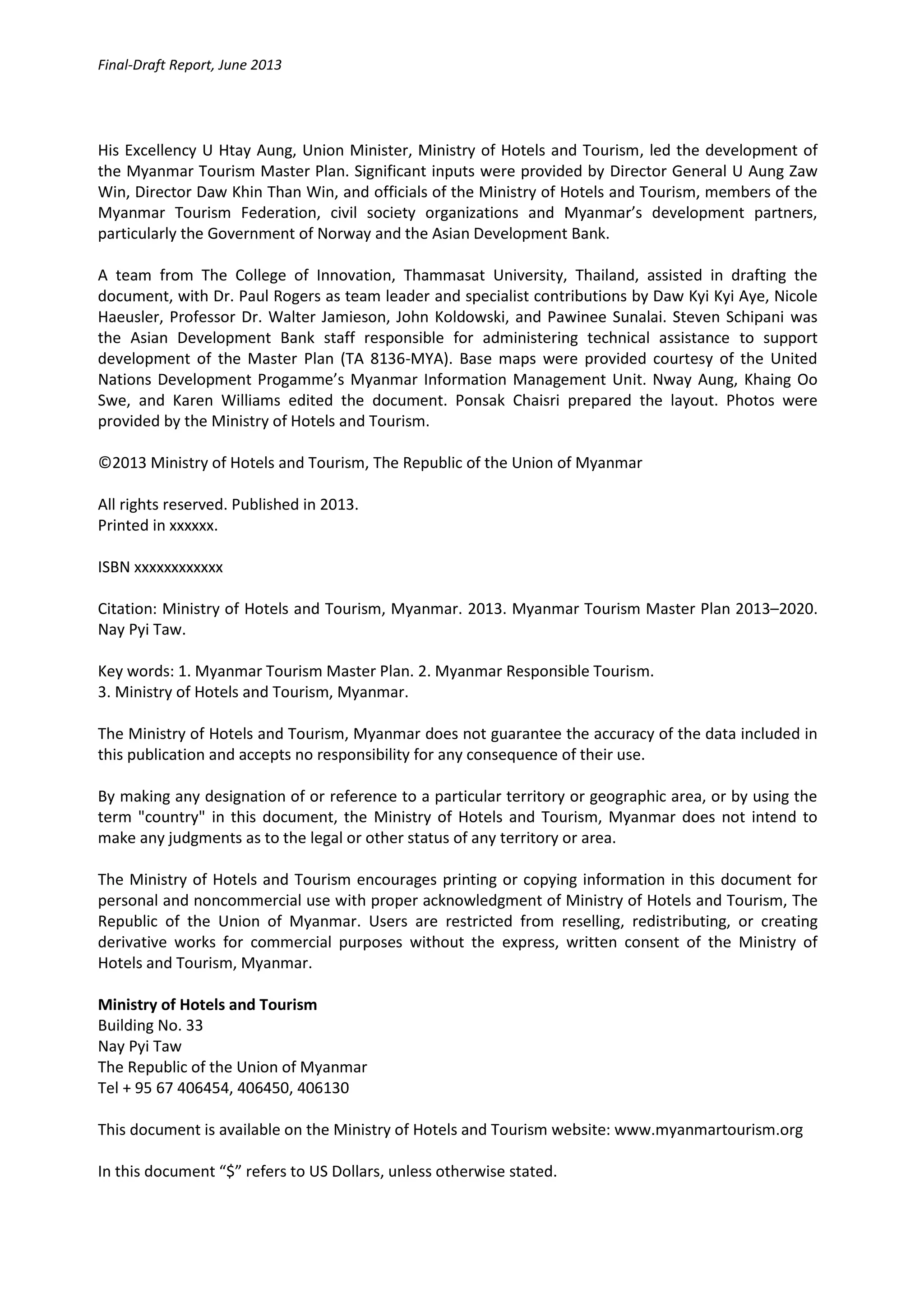 Myanmar tourism master plan 2013 2020 | PDF