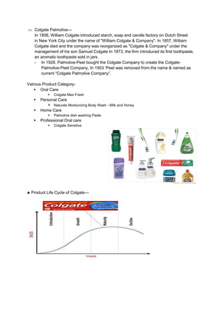 Product Life Cycle & Marketing Strategy of Colgate, Dairy Milk and Samsung 3D tv | DOCX