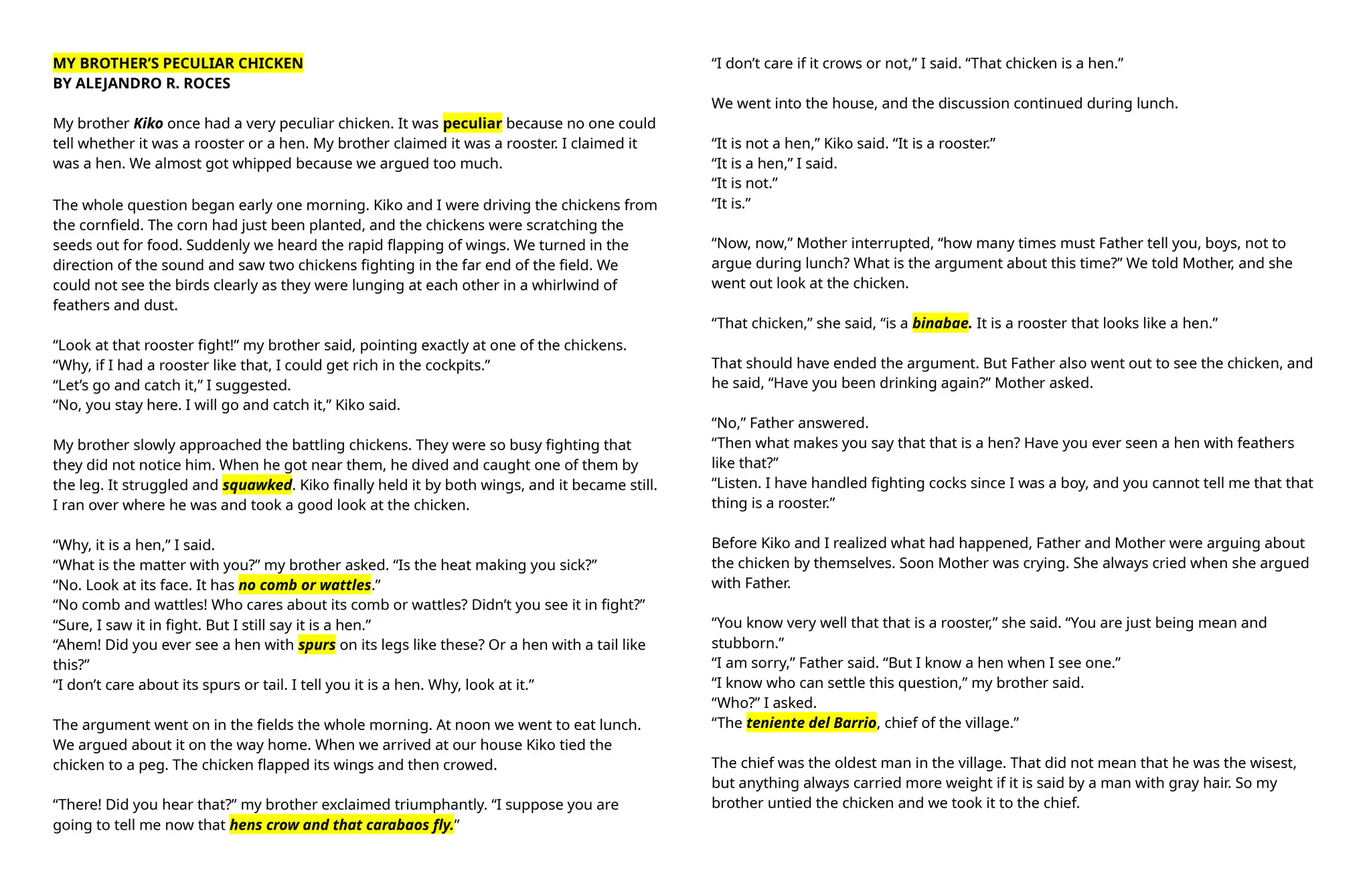 MY BROTHERS PECULIAR CHICKEN sTORY AND ACTIVITY | DOCX