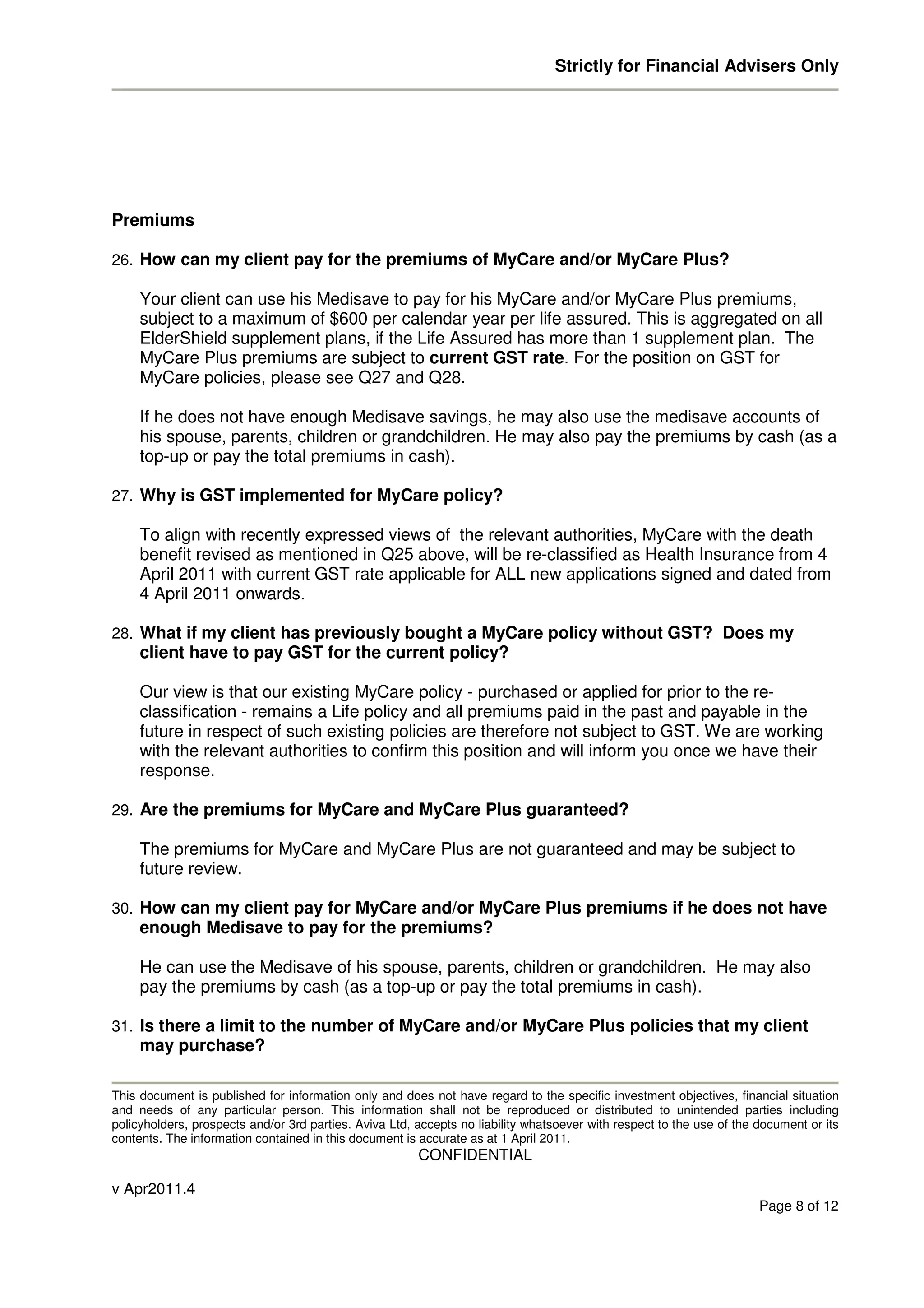 Aviva MyCare (ElderShield Supplement) FAQ | PDF