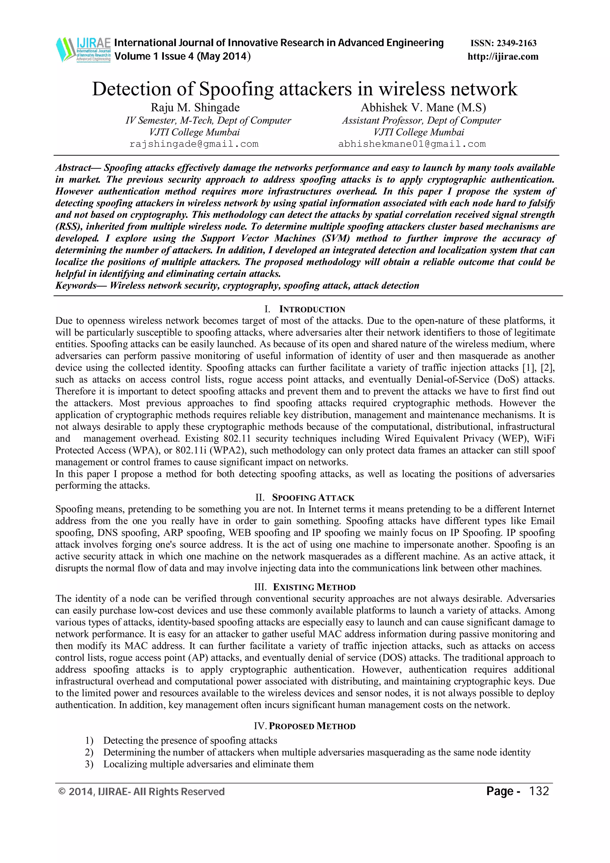 Detection Of Spoofing Attackers In Wireless Network Pdf Computer Networking Computing