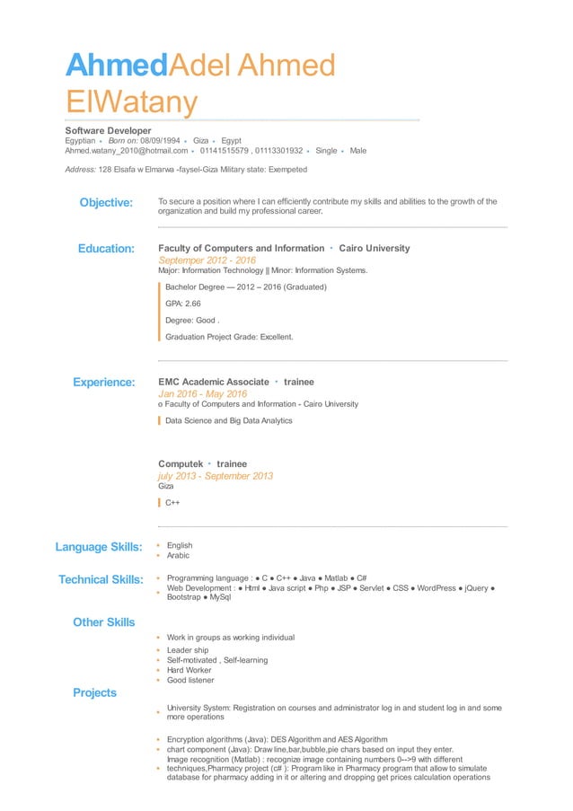 Ahmed Adel Ahmed Elwatany CV | PDF | Computing | Technology & Computing