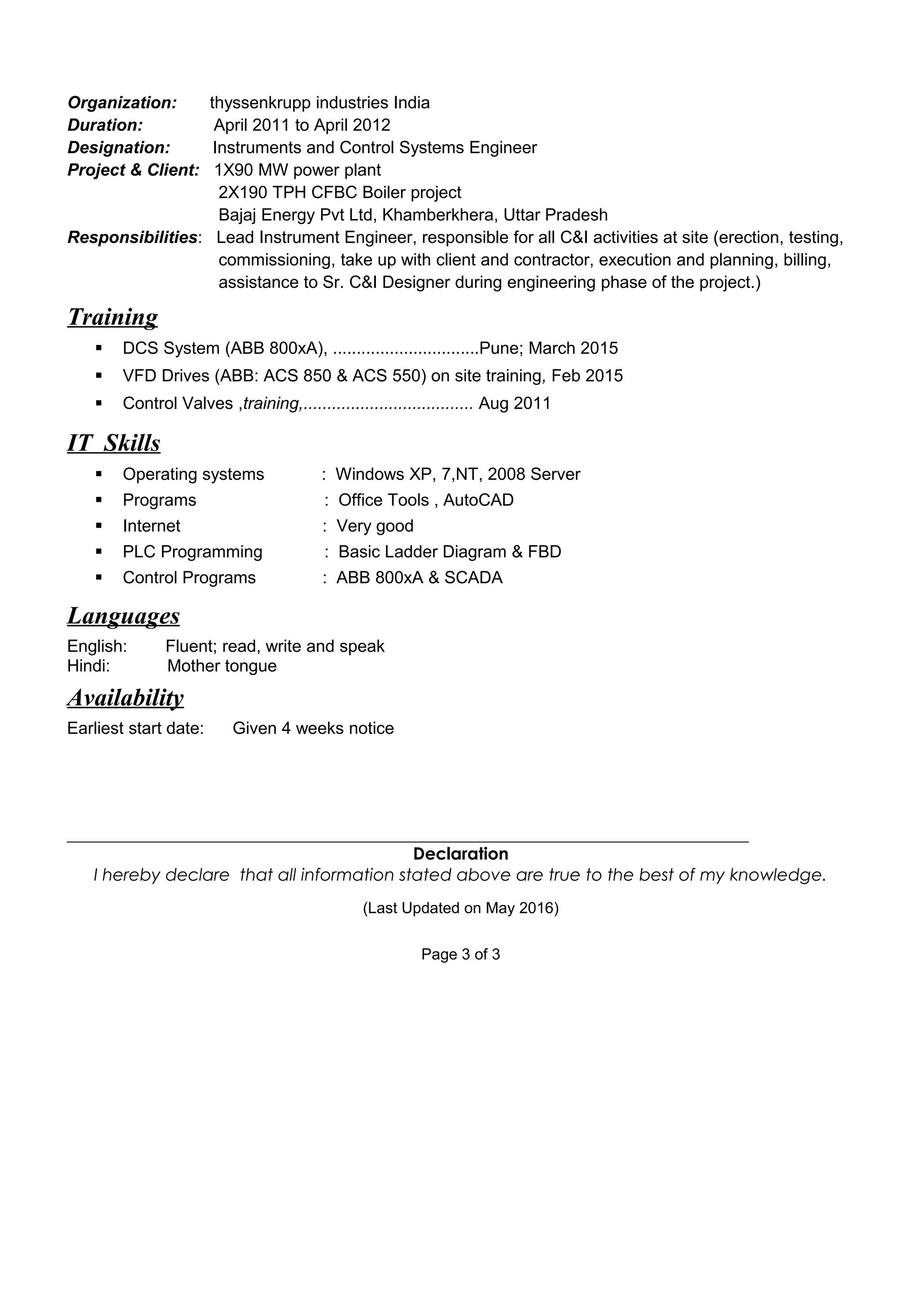 Resume Instrumentation Engineer | DOC