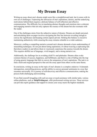 My Dream Essay. My Dream - An essay by Jescah Nasimiyu - Lift the Lid | PDF