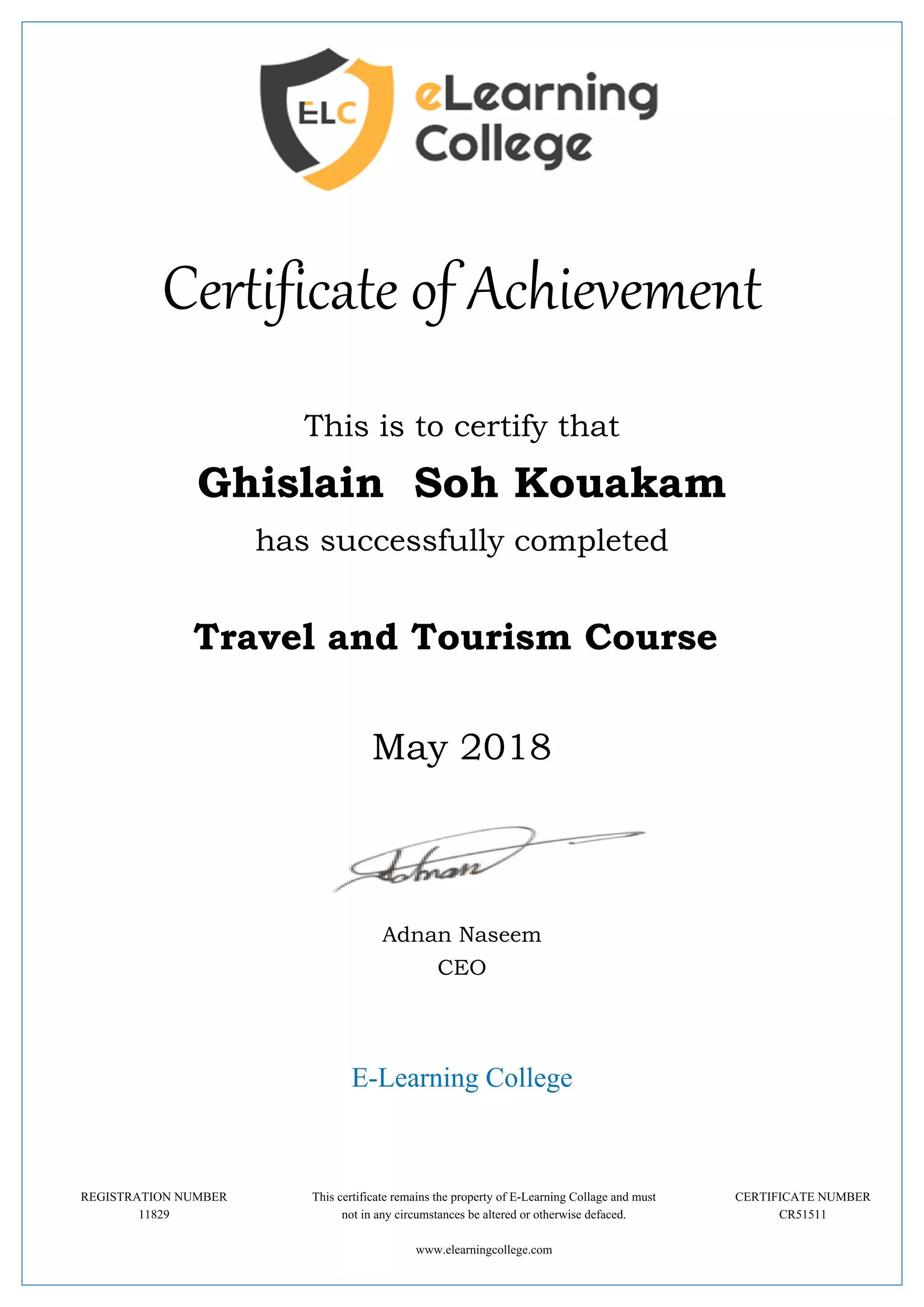 ELEARNING COLLEGE - CERTIFICATE IN TRAVEL AND TOURISM COURSE | PDF