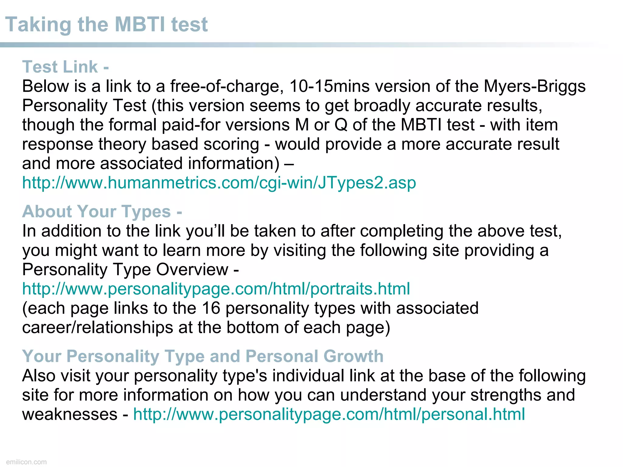 Myers-Briggs Type Indicators Overview | PPT