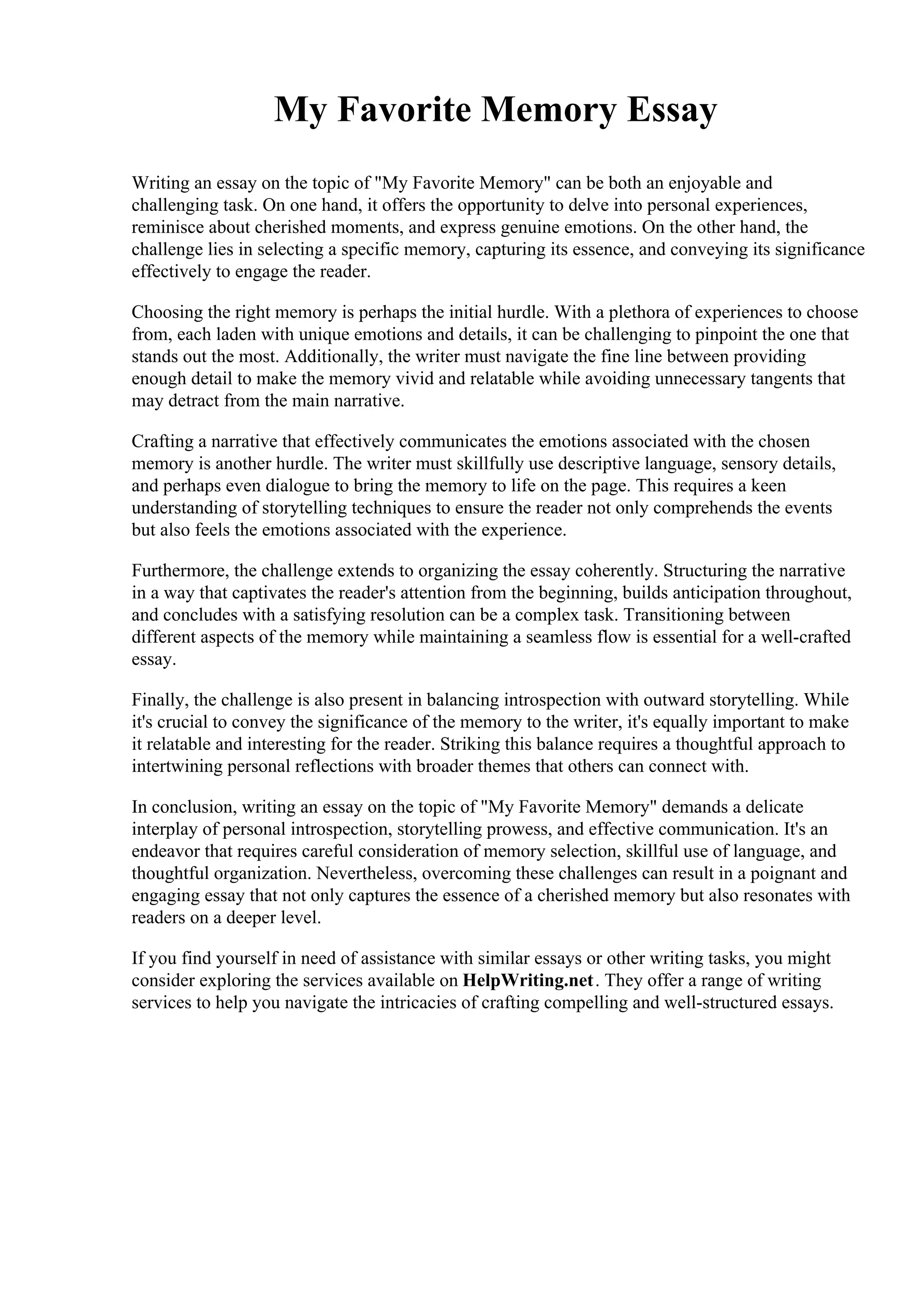 My Favorite Memory Essay. College of the Redwoods | PDF