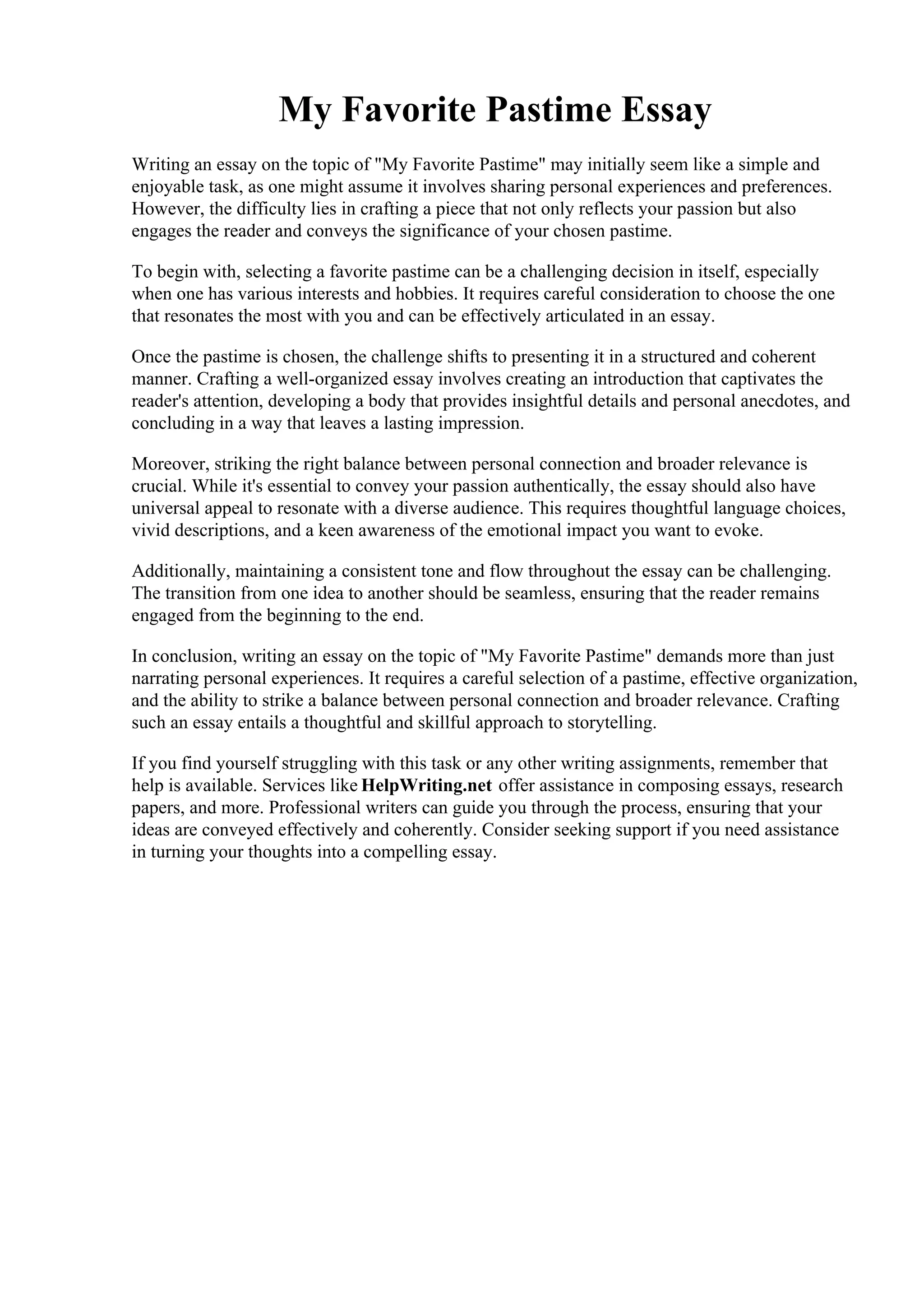 My Favorite Pastime Essay | PDF