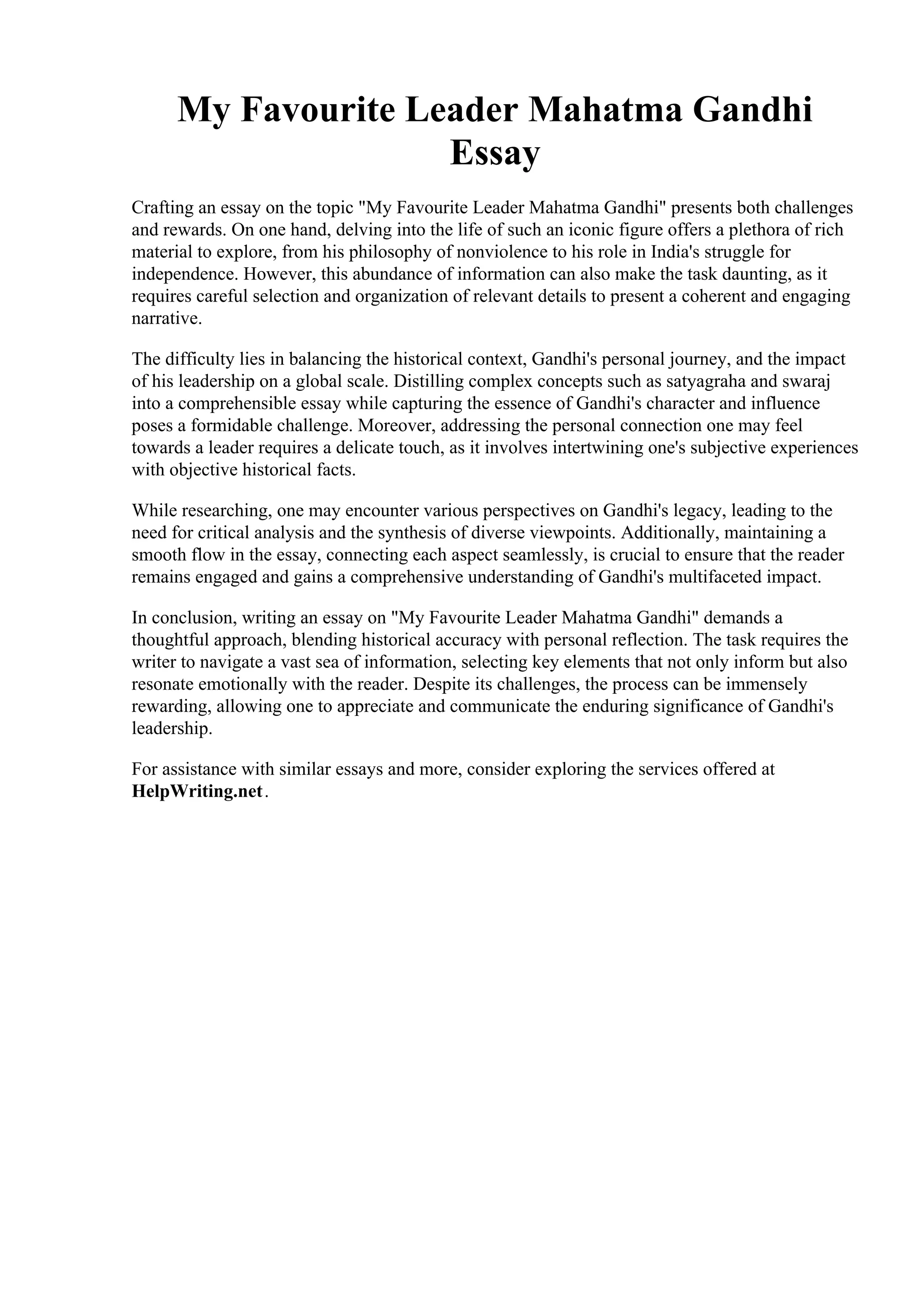 My Favourite Leader Mahatma Gandhi Essay | PDF