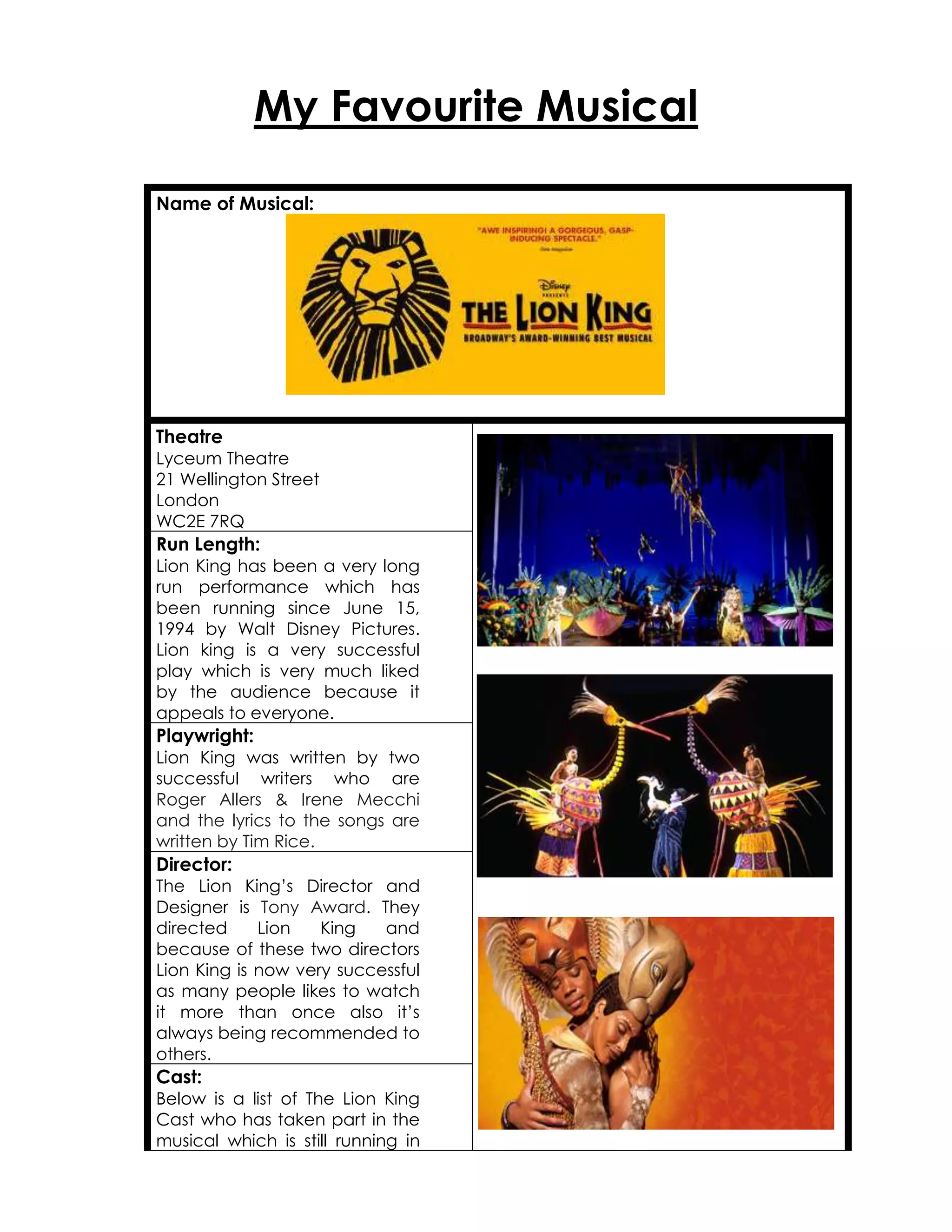 My Favourite Musical Lion King | DOCX