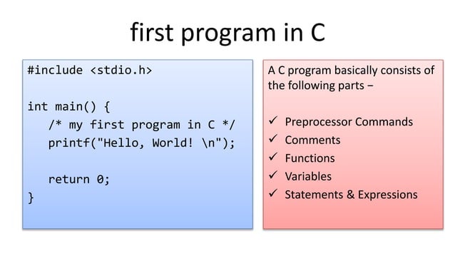 My first program in c, hello world ! | PPTX