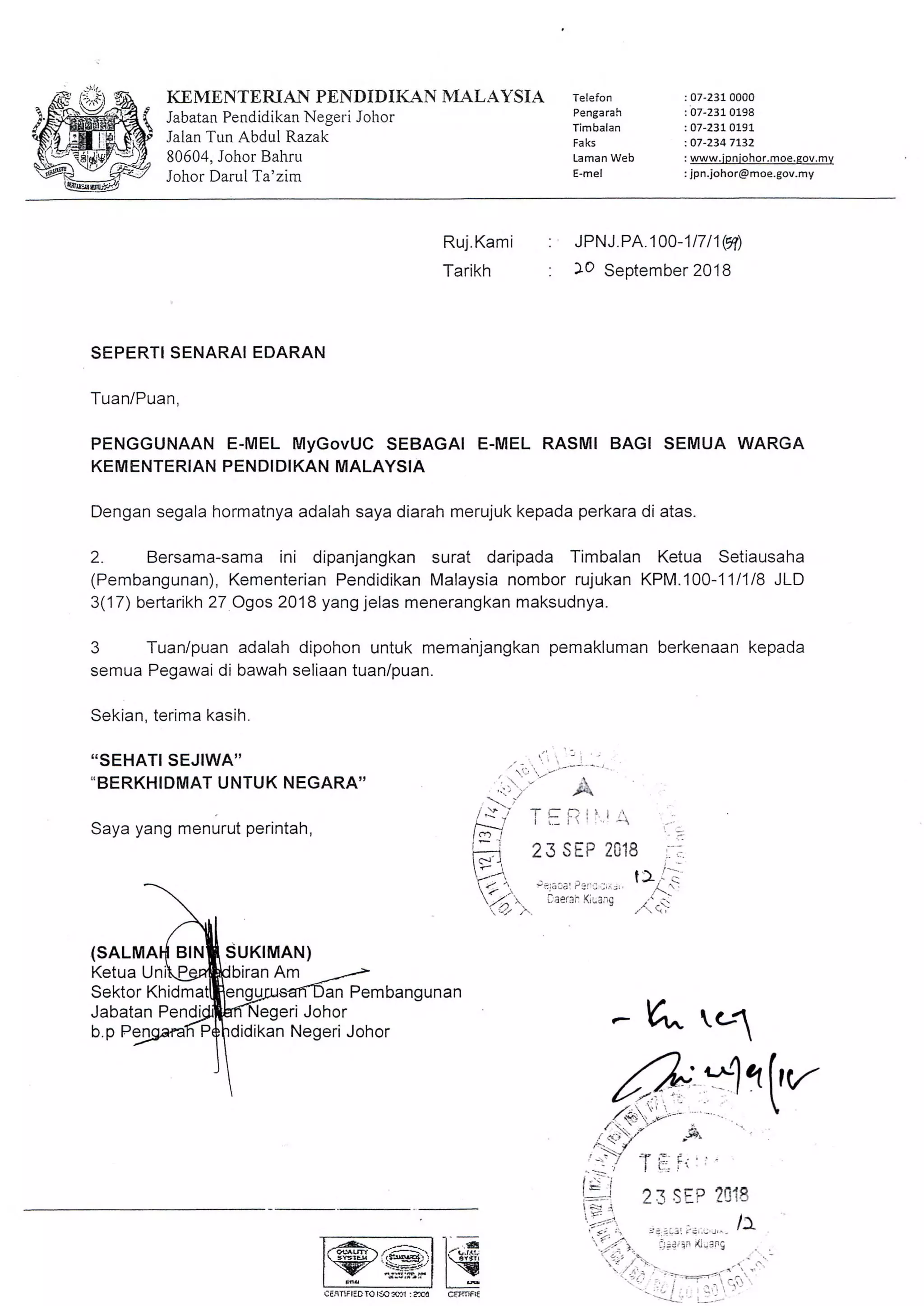 PENGGUNAAN EMEL MYGOVUC SEBAGAI EMEL RASMI BAGI SEMUA WARGA KEMENTERIAN ...