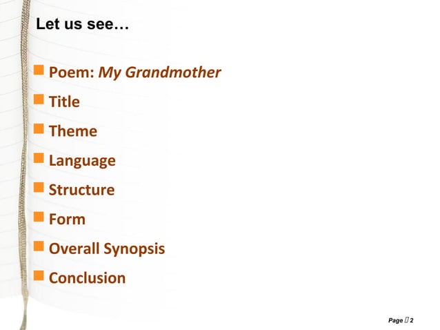 My Grandmother by Elizabeth Jennings Prepared by Kaushal Desai | PPT