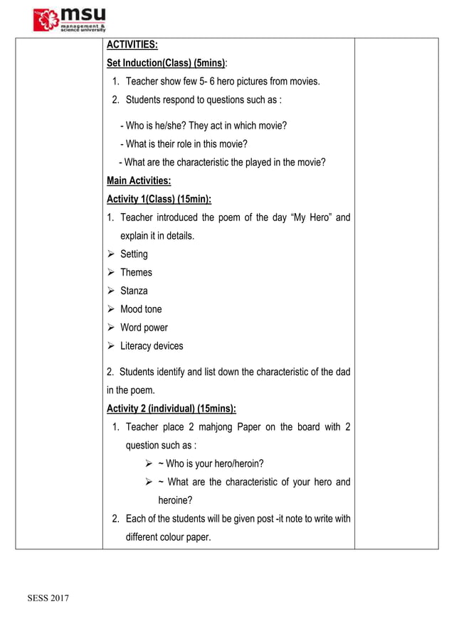 my hero -lesson plan.docx | Poetry | Books and Literature