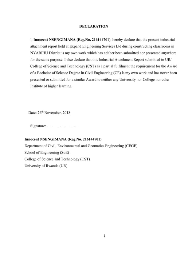 INDUSTRIAL ATTACHMENT REPORT By Innocent Nsengimana | PDF | Civil ...