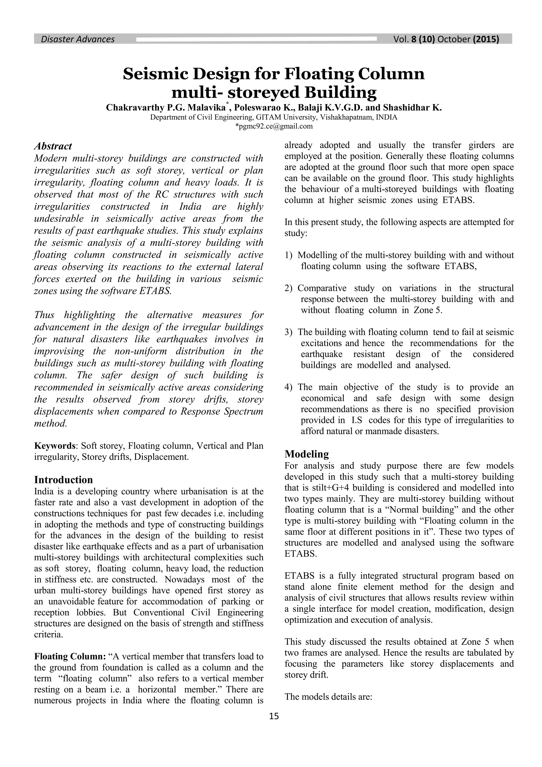 Seismic Design for Floating Column multi- storeyed Building by P.G.Malavika Chakravarthy, Dr.K.V ...