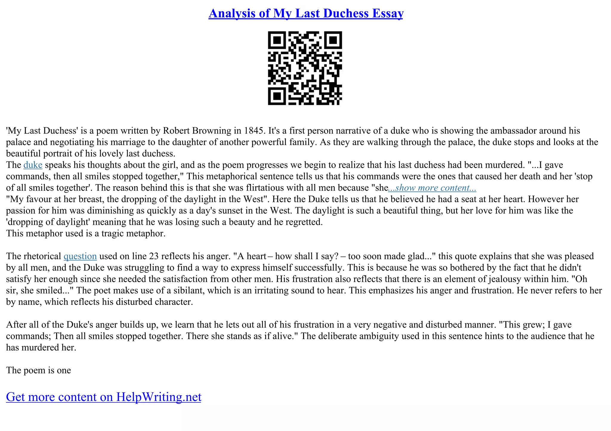 My Last Duchess Essay | PDF