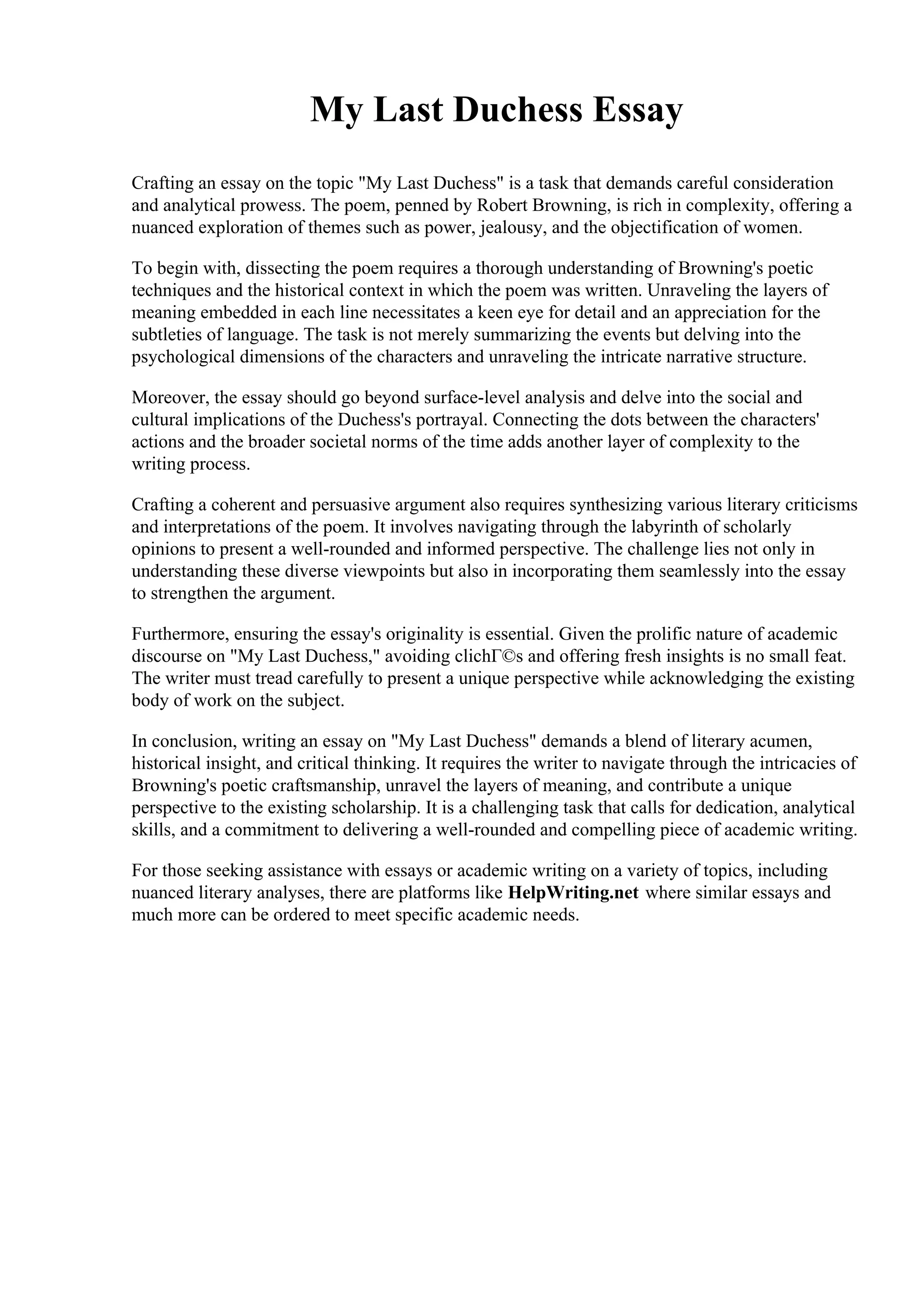 My Last Duchess Essay. Wayne State College | PDF