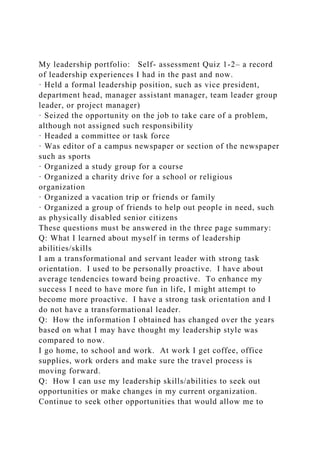 My leadership portfolio Self- assessment Quiz 1-2– a record of .docx