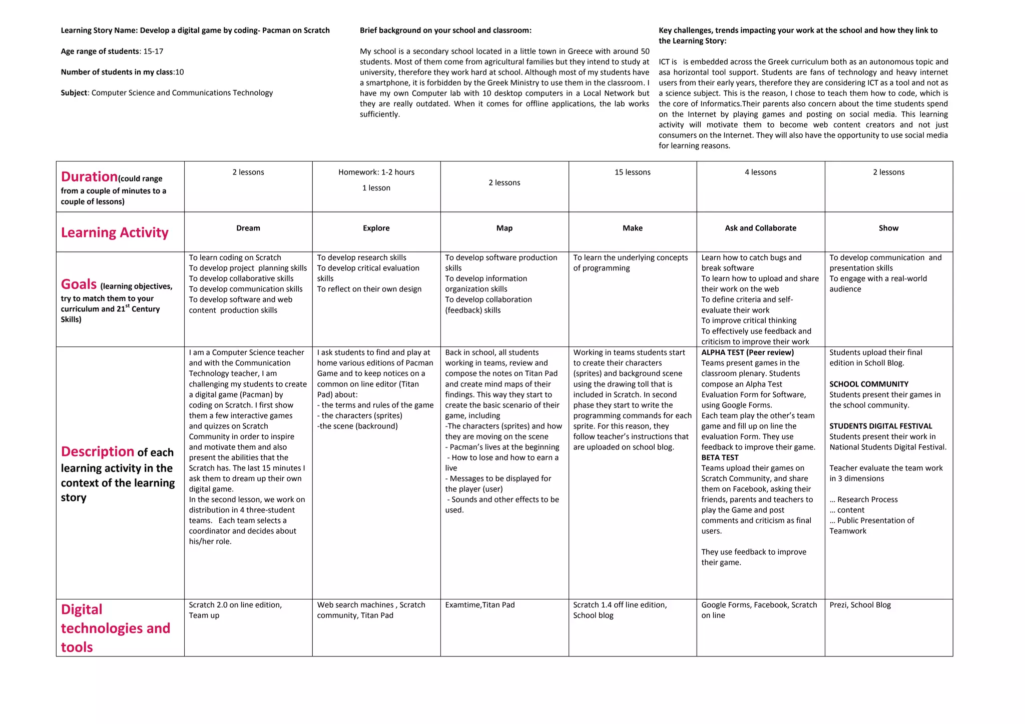 My learning story pacman on scratch | DOCX