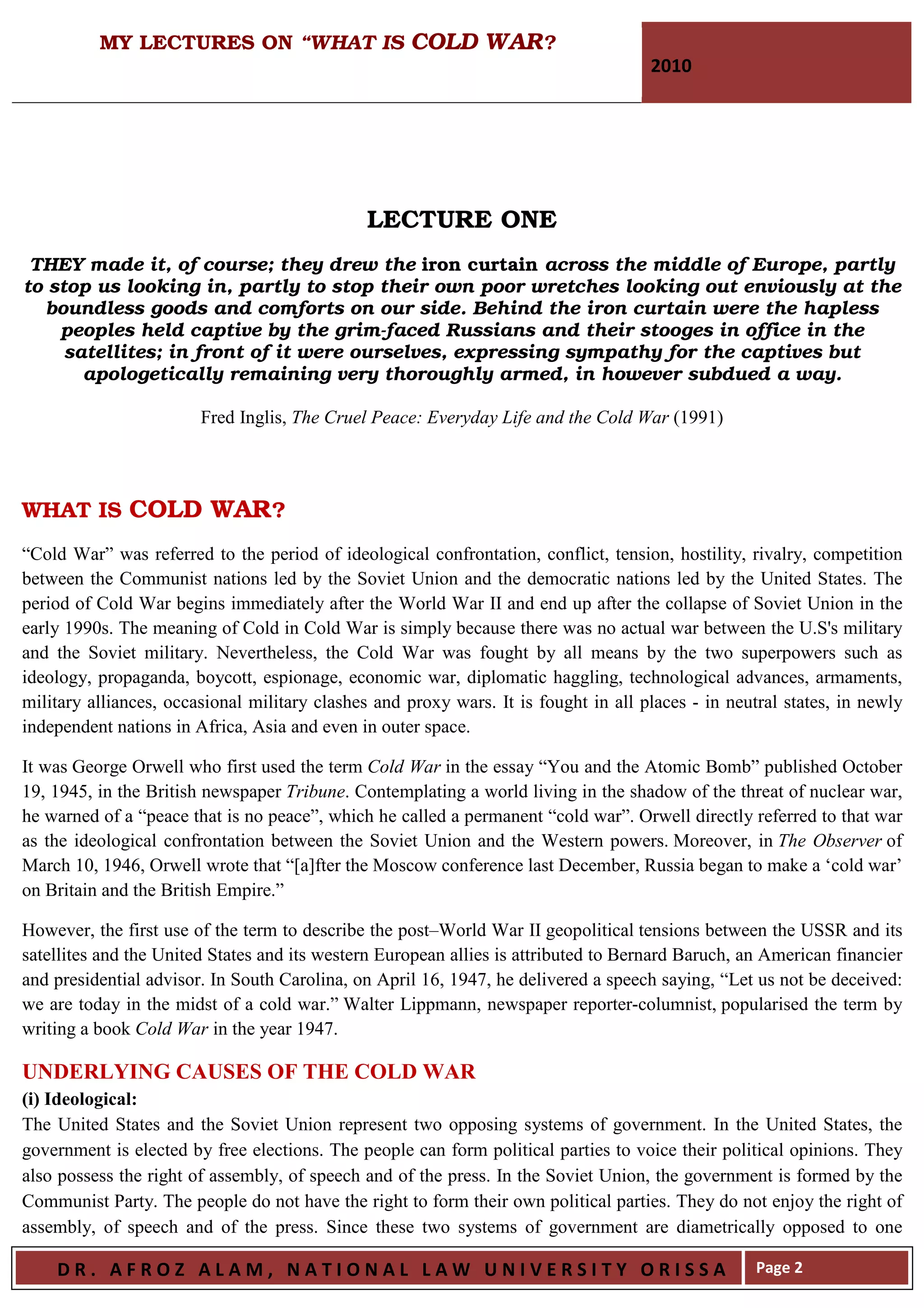 My Lecture One on What is Cold War? | PDF