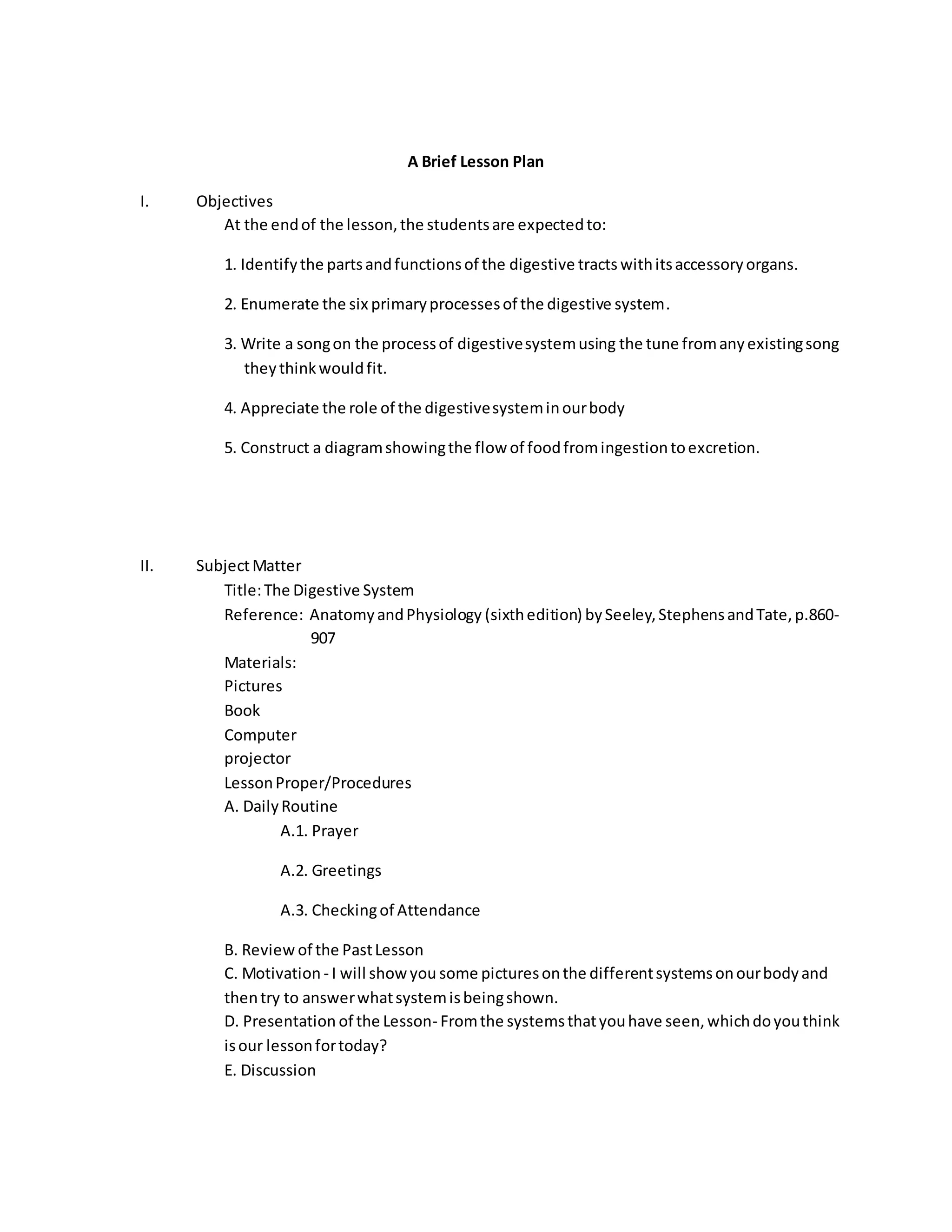 Brief lesson plan on digestive system | DOCX | Medical Health
