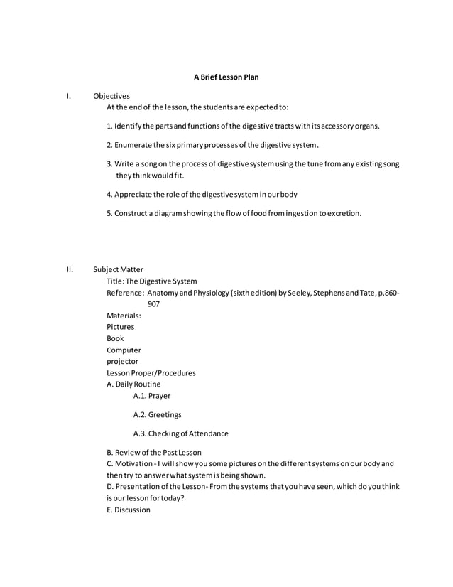 Brief lesson plan on digestive system | DOCX | Medical Health