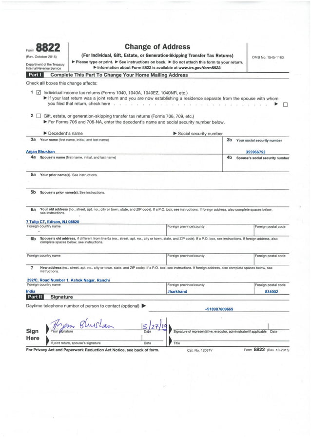 Filled and scanned Form - 8822 | PDF | Personal Taxes | Personal Finance