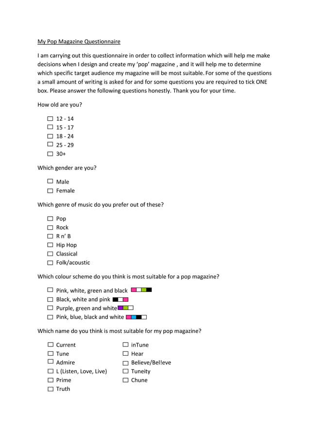 My pop magazine questionnaire | DOCX | Soft AC Music | Adult ...