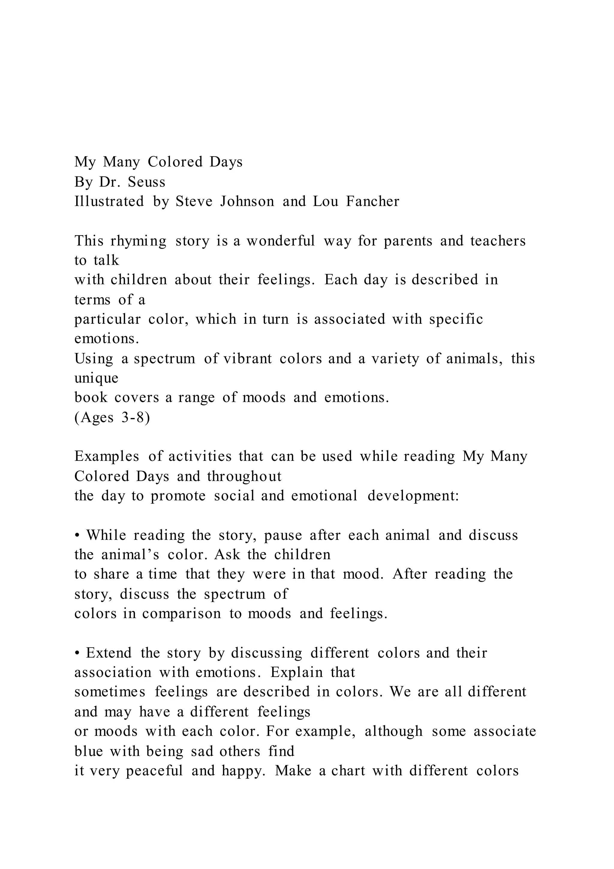 My many colored days by dr. seussillustrated by steve johns | DOCX