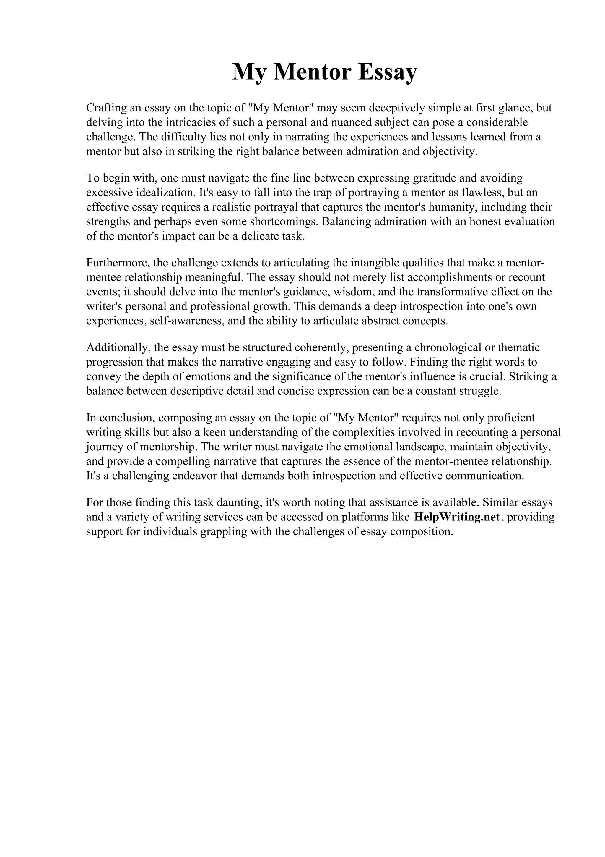 My Mentor Essay. Mentor Assessment 1 Mentorship Essays | PDF