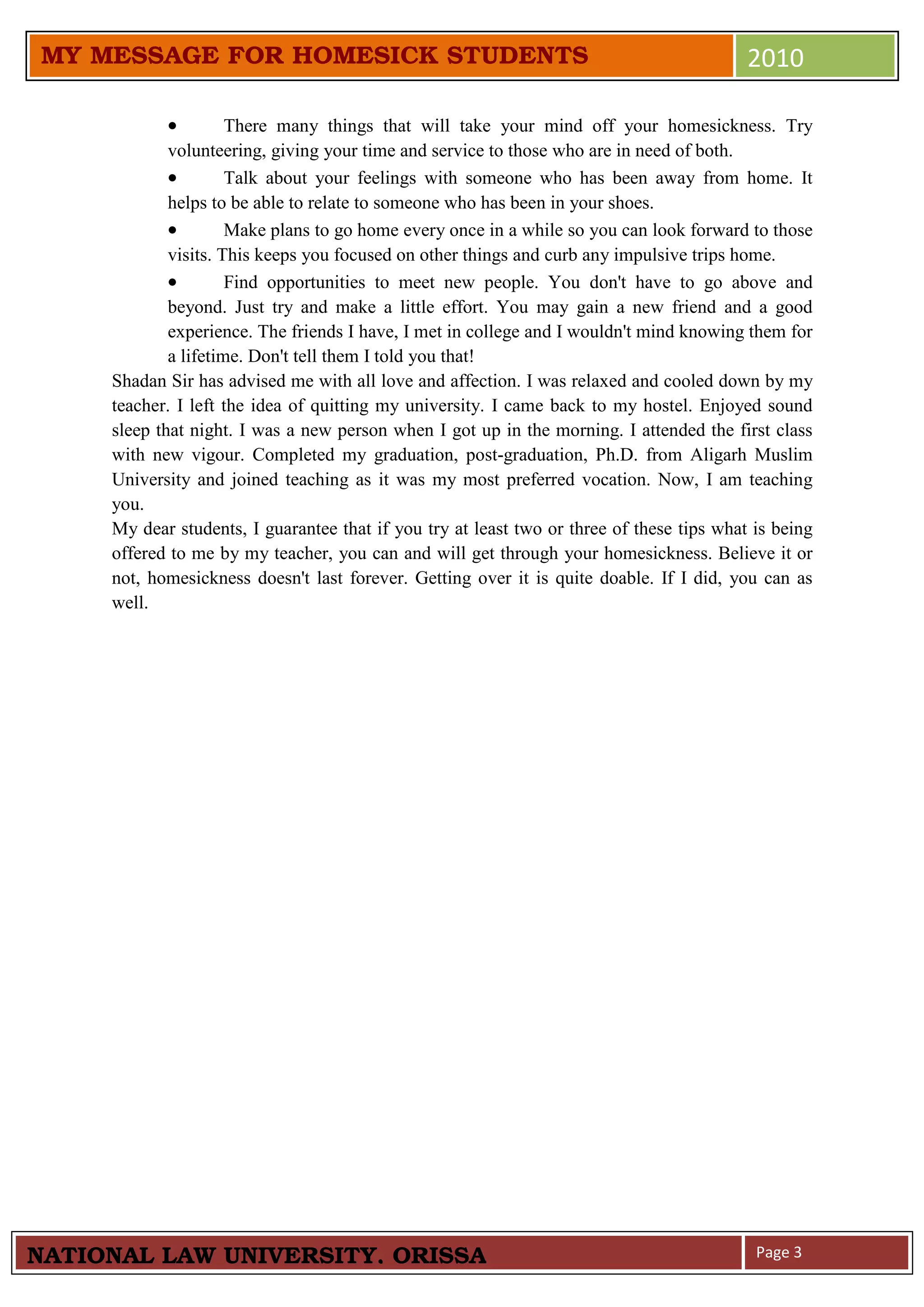 My message for homesick students | PDF