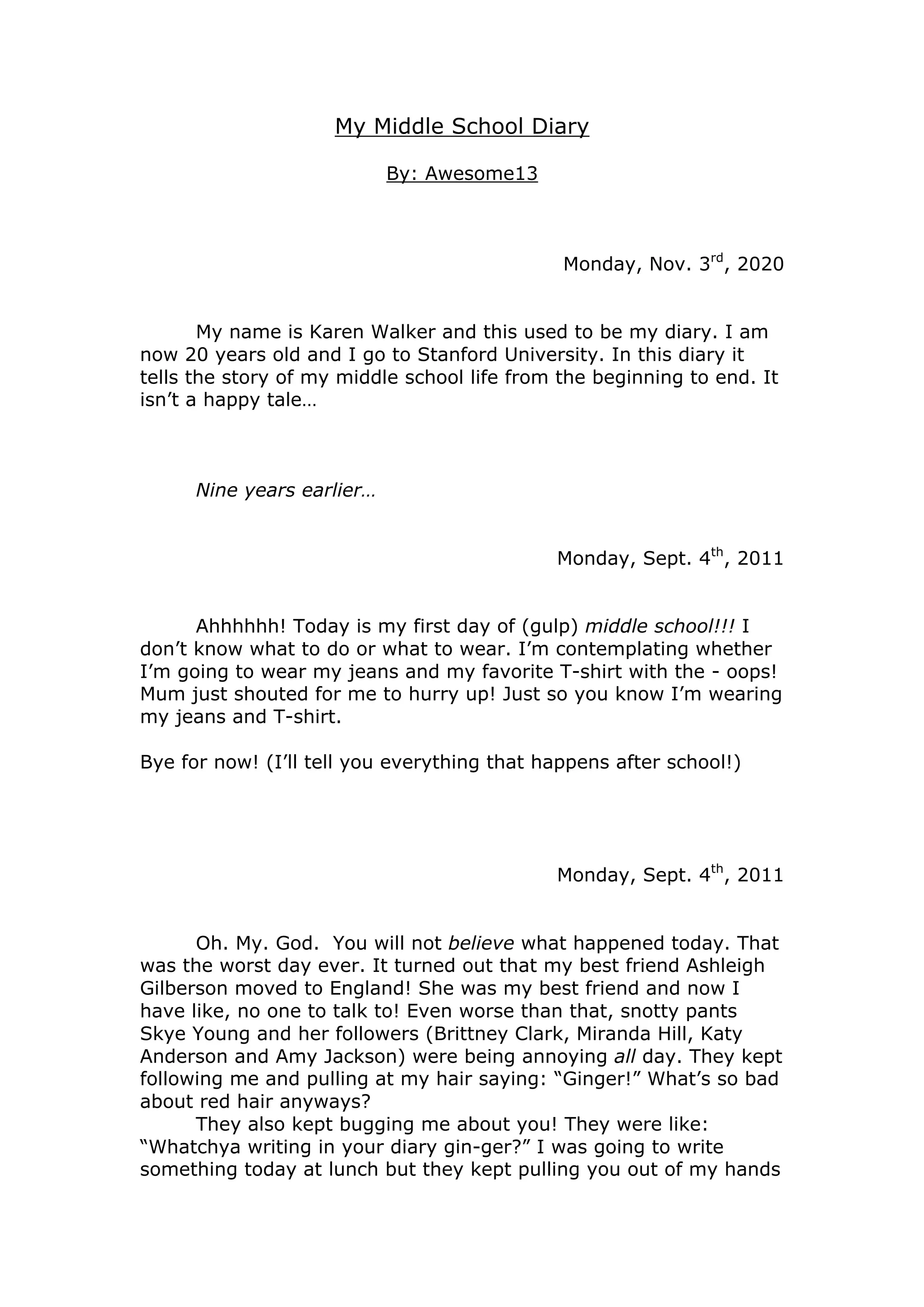 My middle school diary | PDF