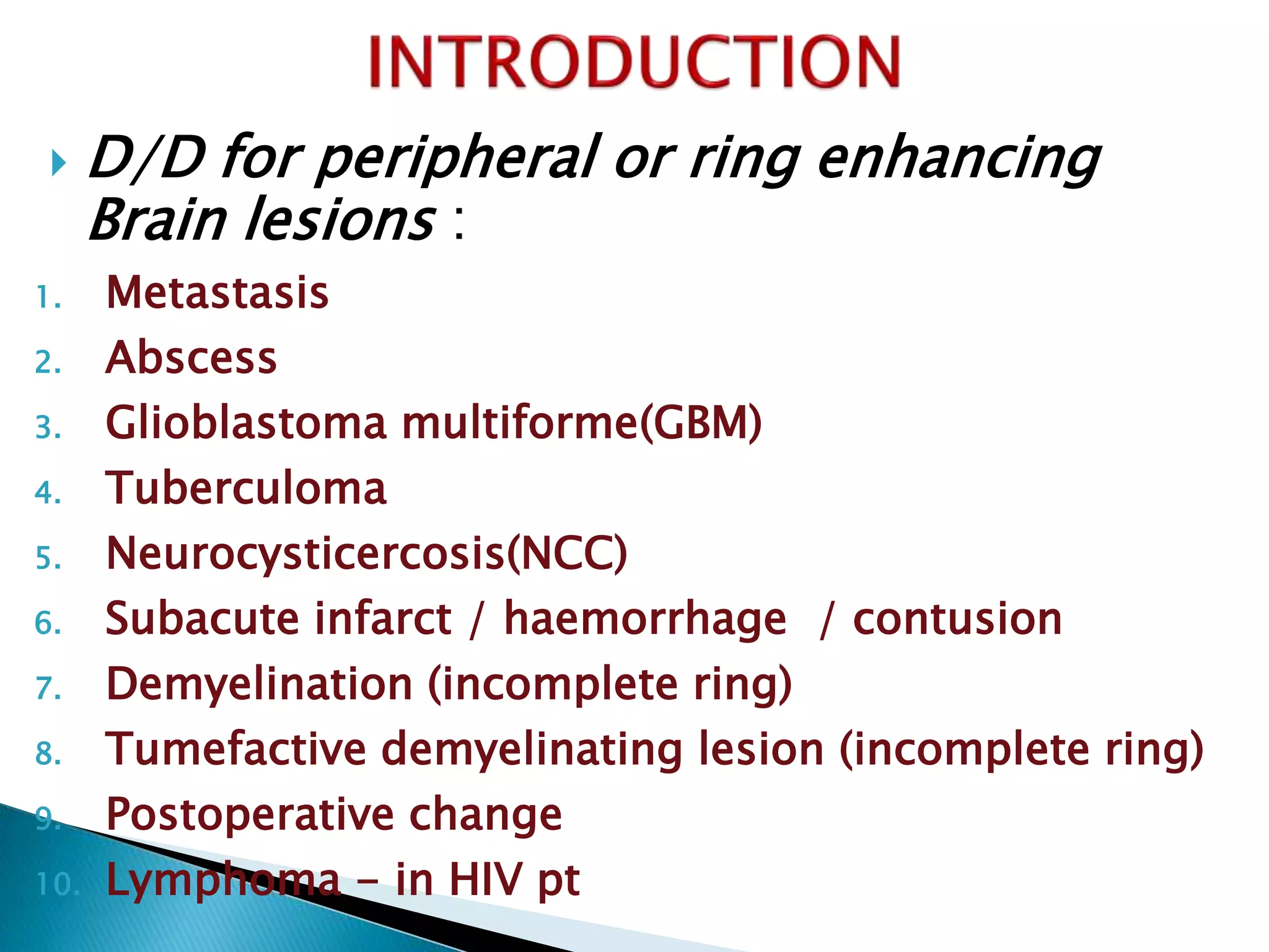 ROLE OF MRI AND MRS IN RING ENJANCING LESIONS OF BRAIN | PPTX