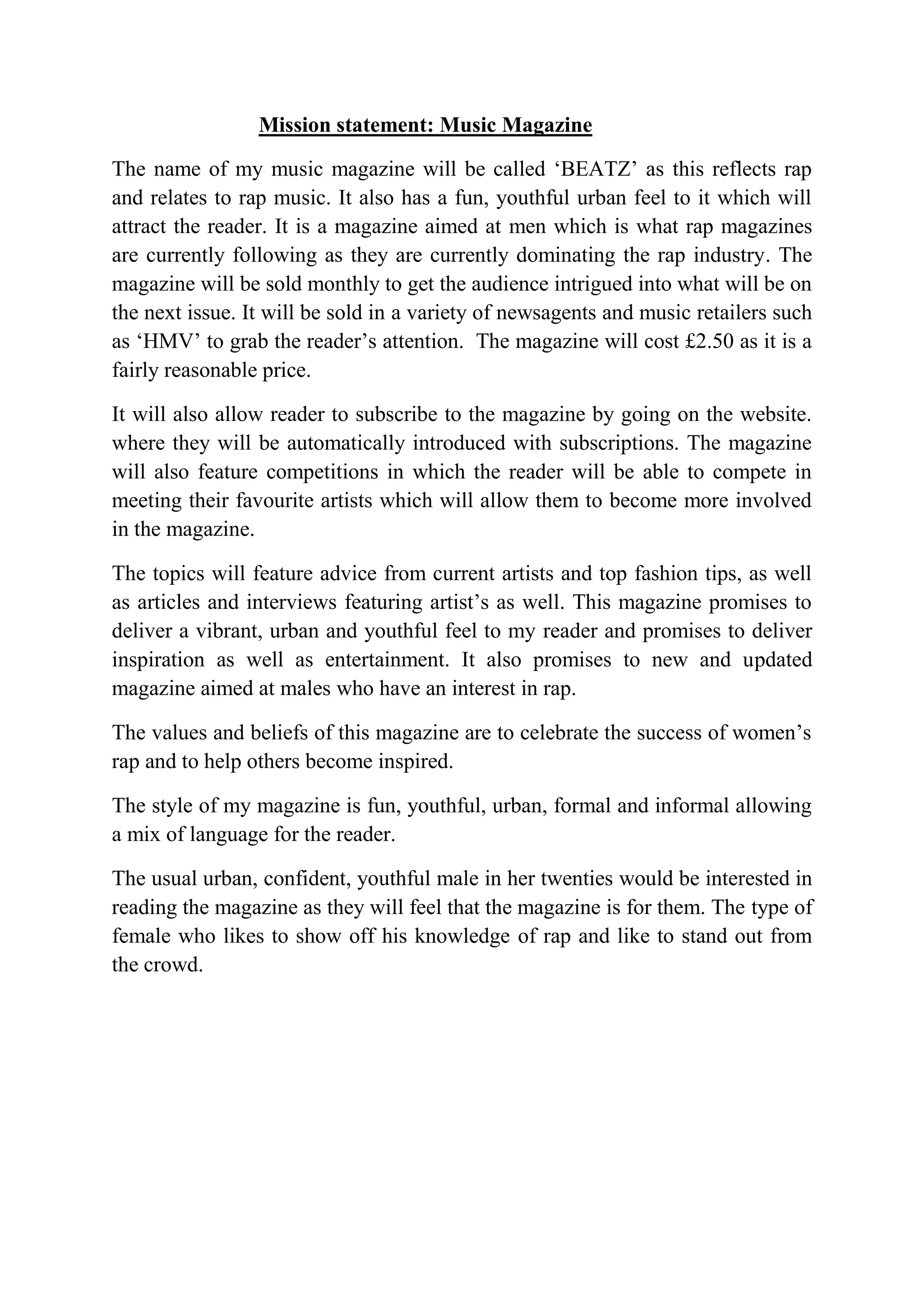 My music magazine mission statement | PDF