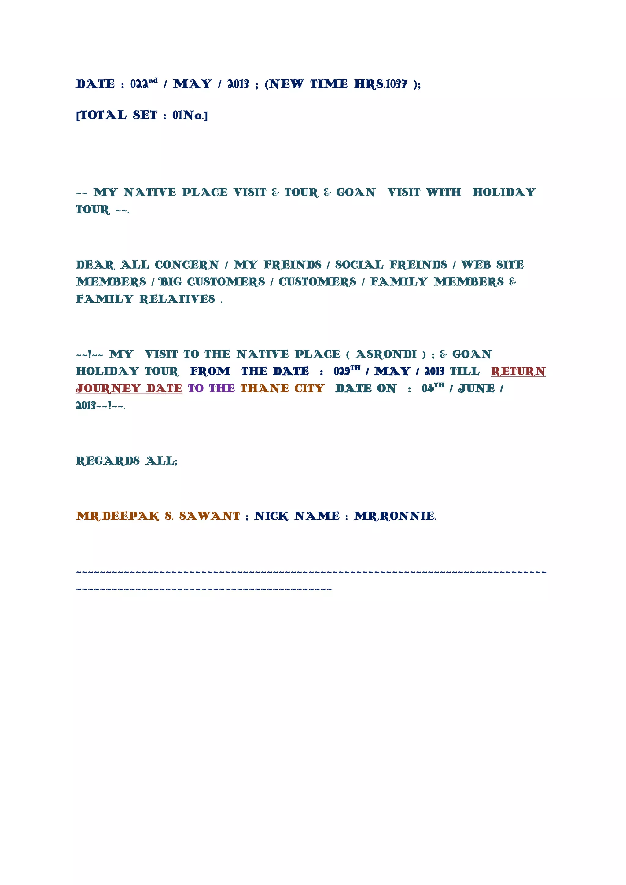 ~~ My native place visit & tour & goan visit with holiday tour ~~ | DOCX
