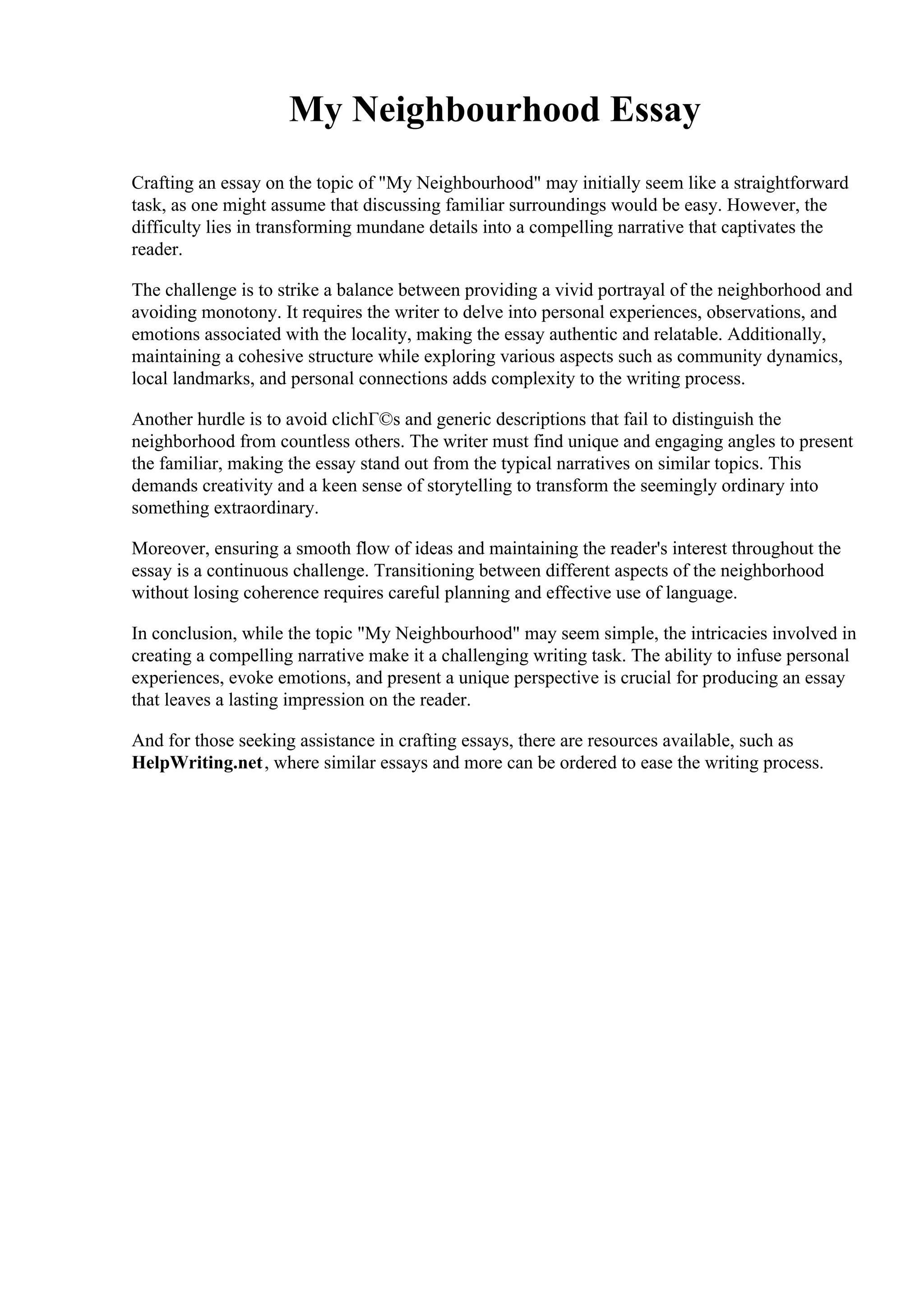 My Neighbourhood Essay. Baptist Health System School of Health ...