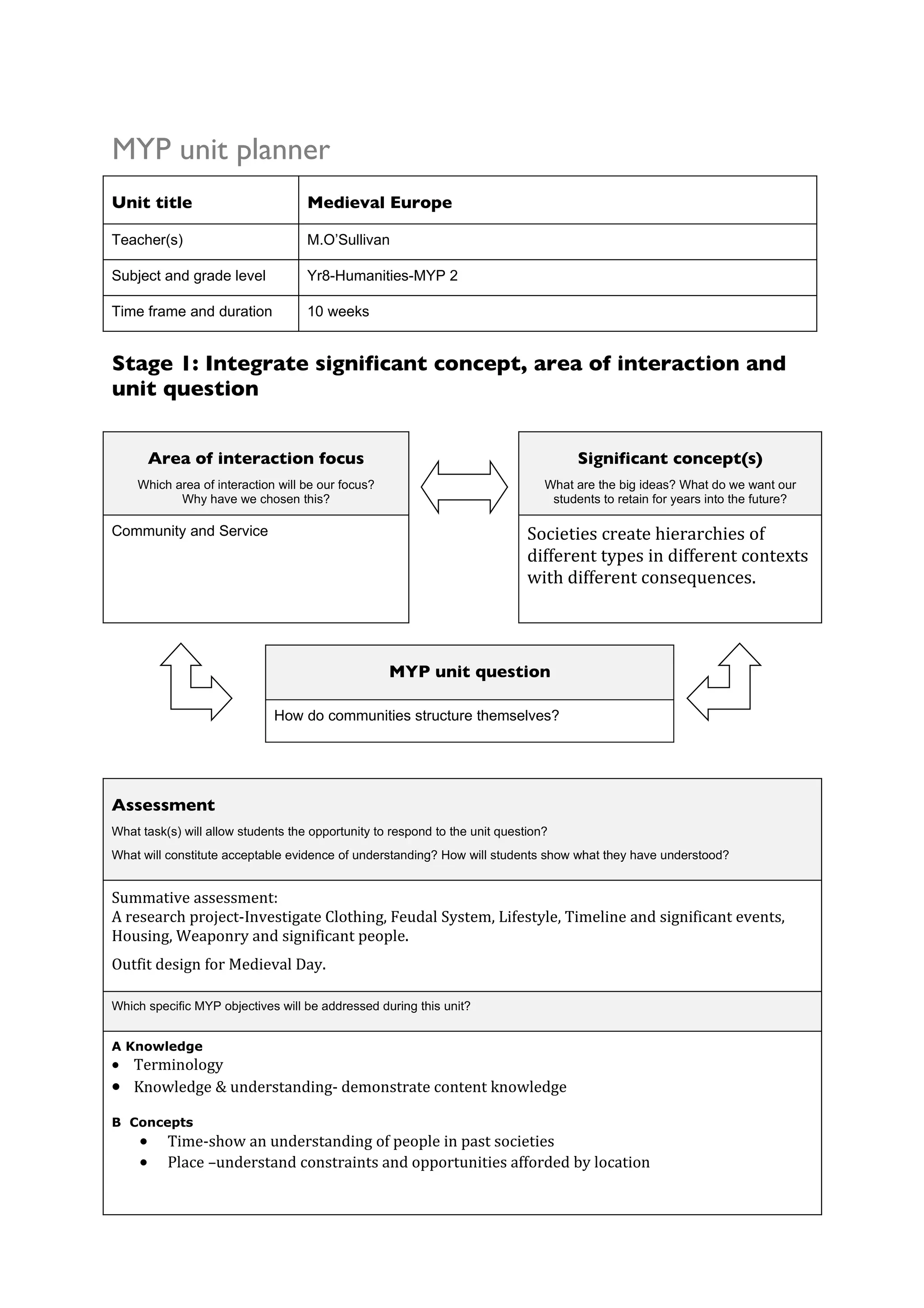 Myp plan-mos-yr8-t1-2010 | DOC | Educational Assessment | Education