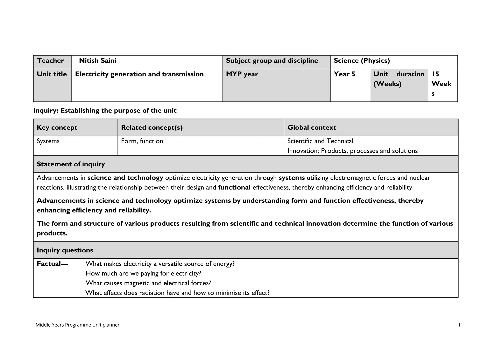 MYP 5 Physics Unit Plan- Electricity Transmission and Generation | DOCX