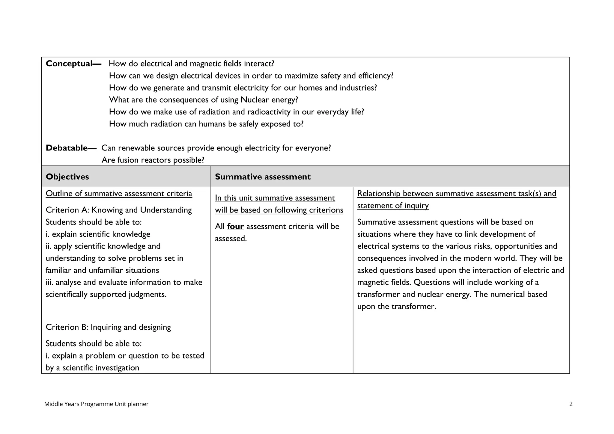 MYP 5 Physics Unit Plan- Electricity Transmission and Generation | DOCX