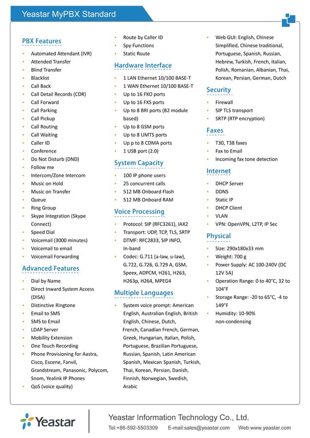 Yeastar My pbx standard_datasheet_en | PDF | Internet | Computing